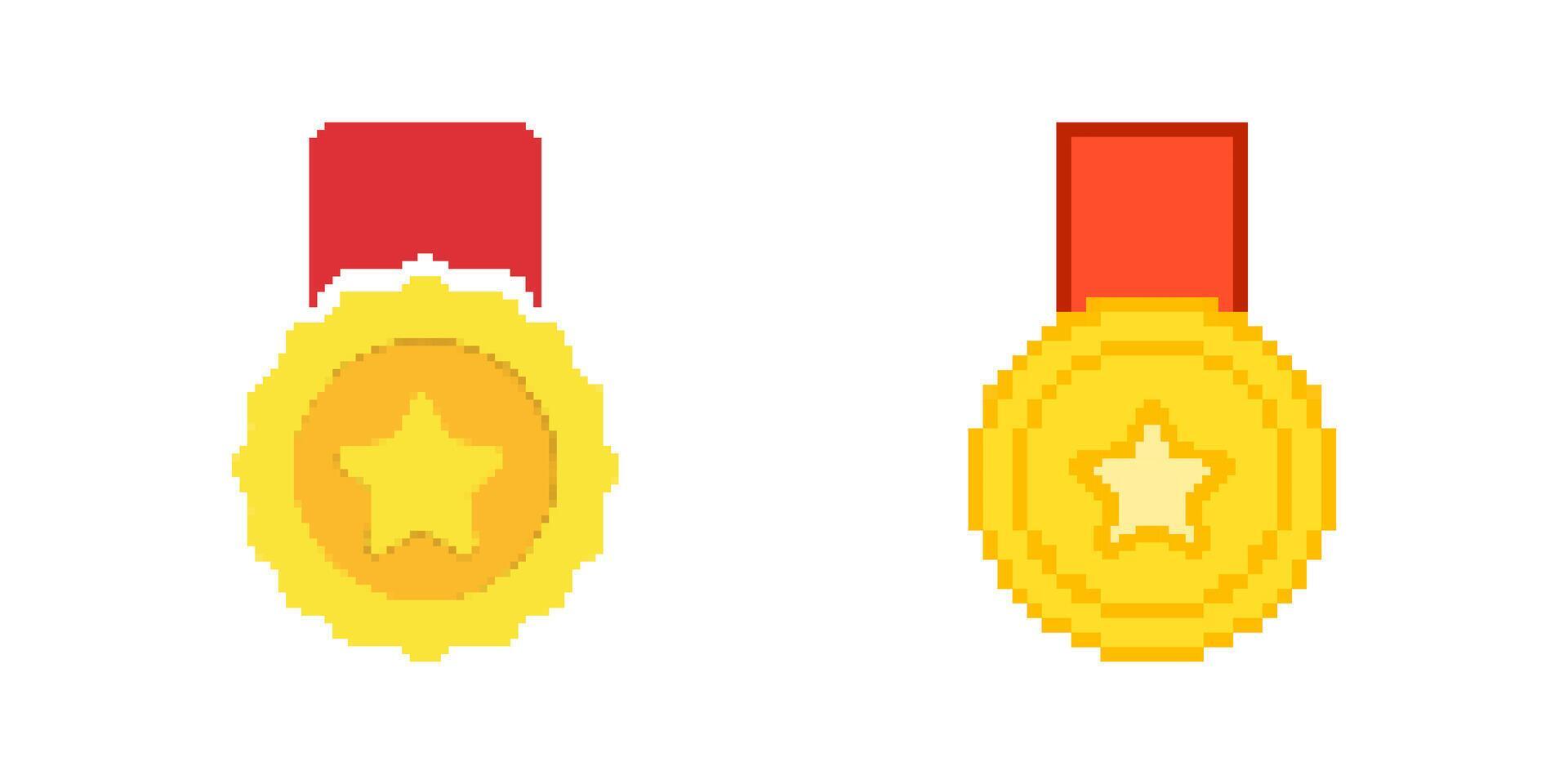 Golden Medal With Star Pixelated Icon Set. Pixel Art Symbol Collection Of Awards And ...