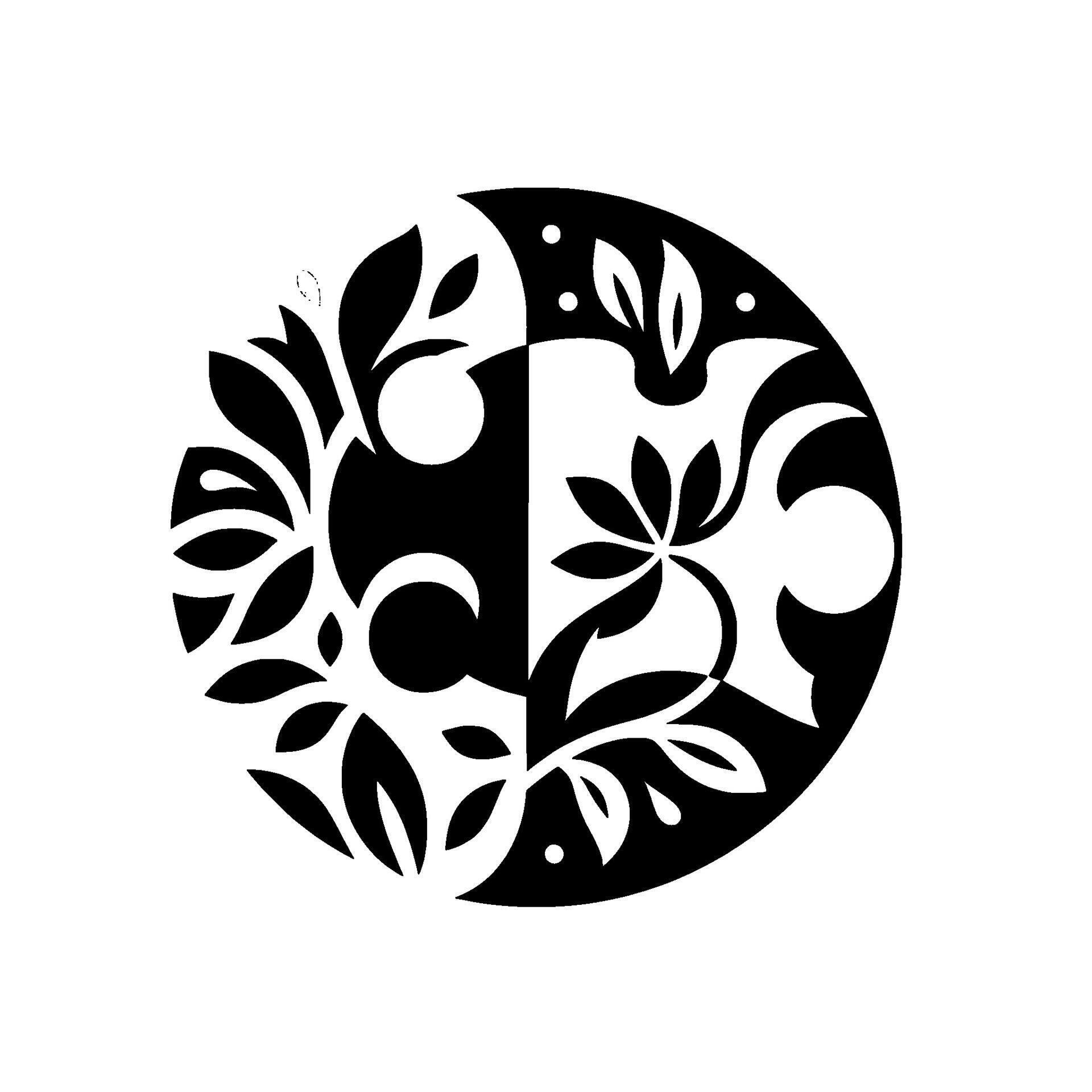 A symmetrical, stylized black and white botanical illustration ...