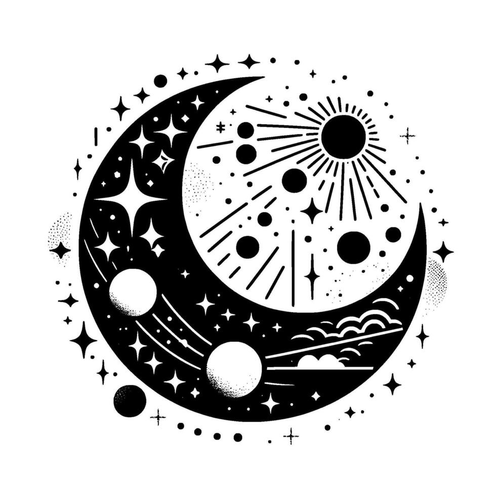 Celestial Monochrome Composition Crescent Moon Radiating Sun And Stellar Embellishments On A