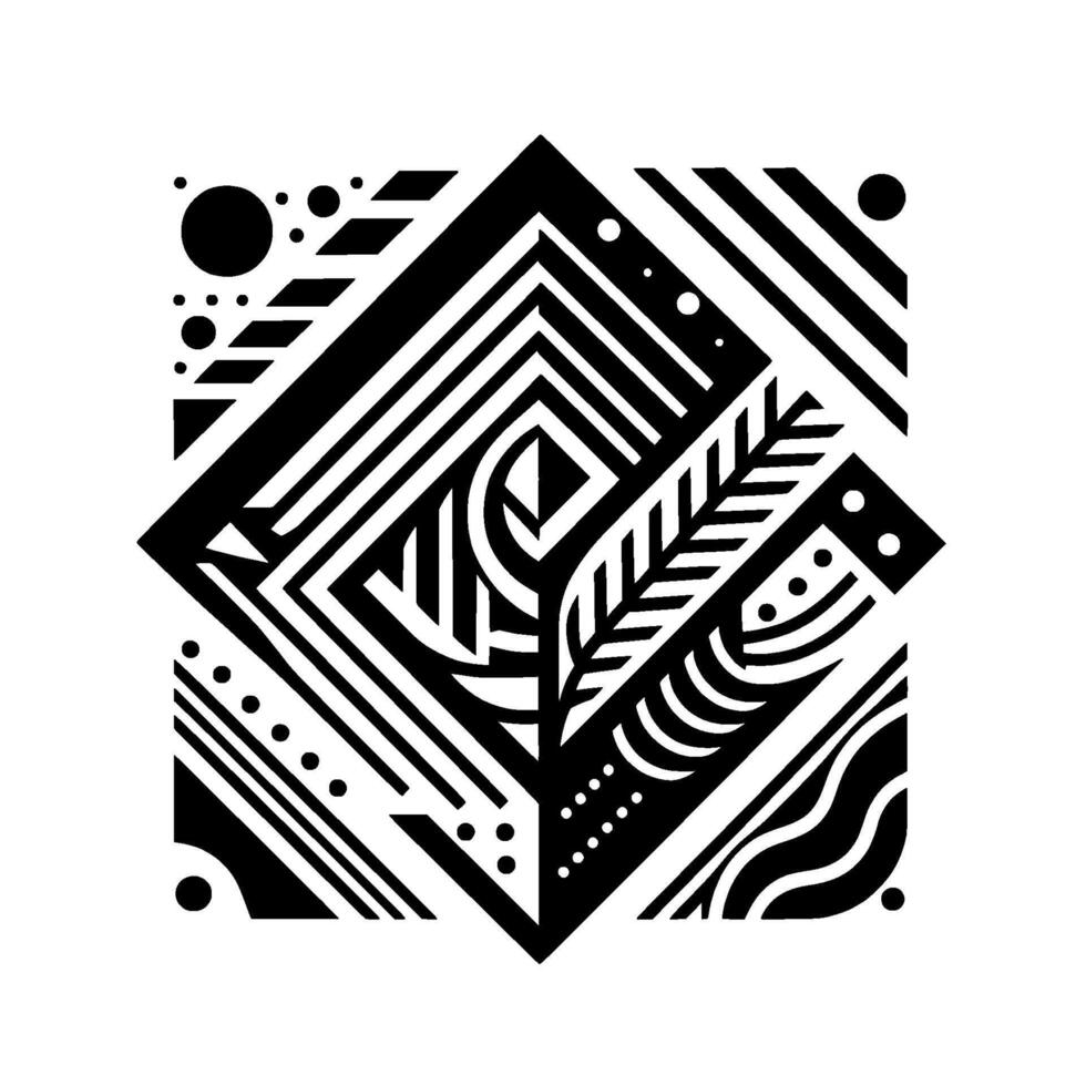 Intricate black and white geometric composition featuring nested diamond shapes, lines, curves ...