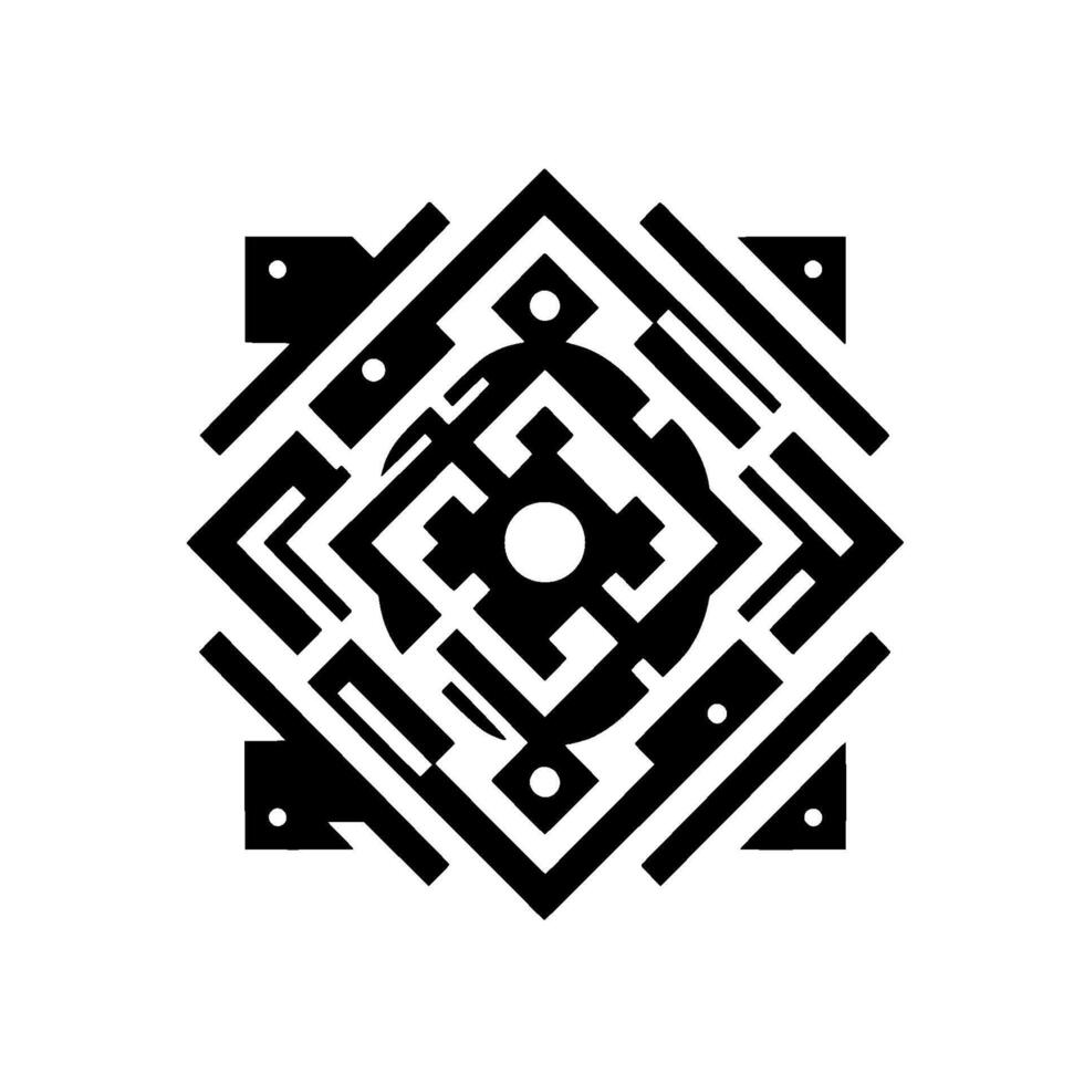 Geometric Black And White Square With A Central Circular Motif And Surrounding Angular Patterns