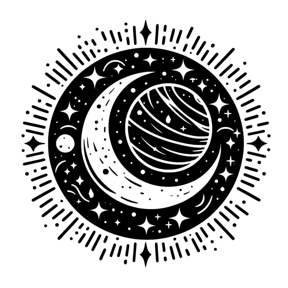 Celestial Black And White Illustration Crescent Moon Planet And Starburst Within Circular