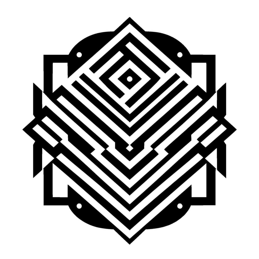 Bold geometric black and white with nested diamond, mazelike patterns ...