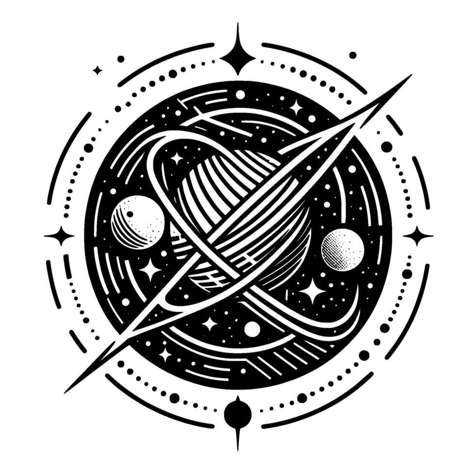 Intricate Black And White Cosmic Illustration Circular With Celestial Elements Including