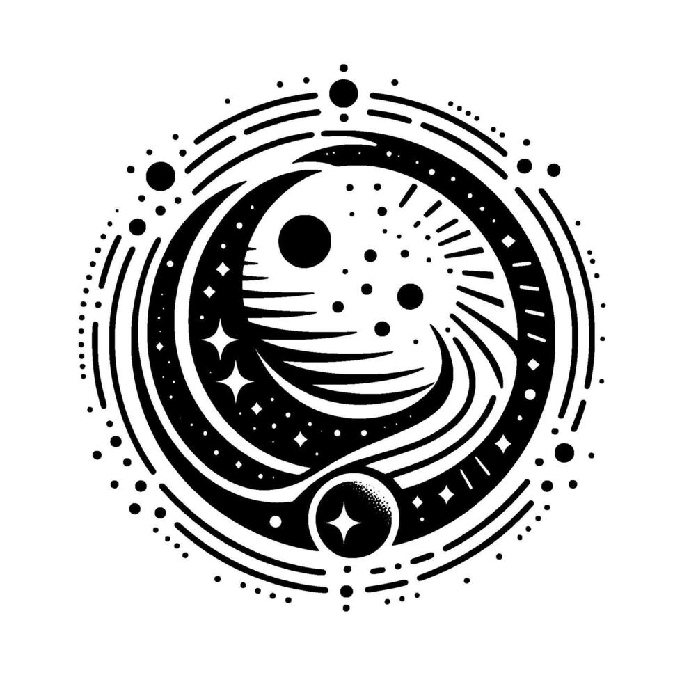 Symbolic Celestial Circle Crescent Moon Stars Planets And Radiating Lines In A Minimalist