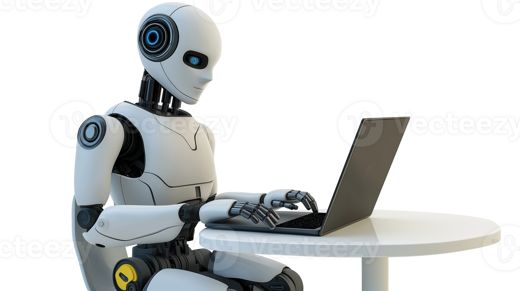 Advanced AI robot using laptop at desk transparent image. Robotic assistant isolated cutout 3d ...