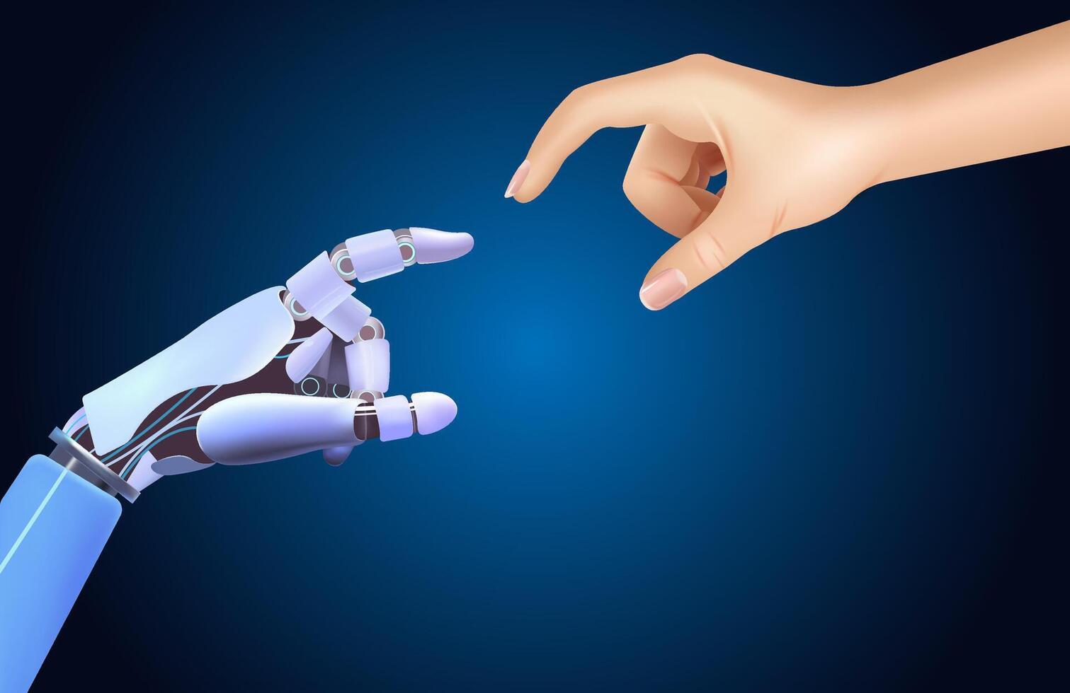 Robot hand touching human hand. Symbolizes interaction future technologiesbetween human and ...