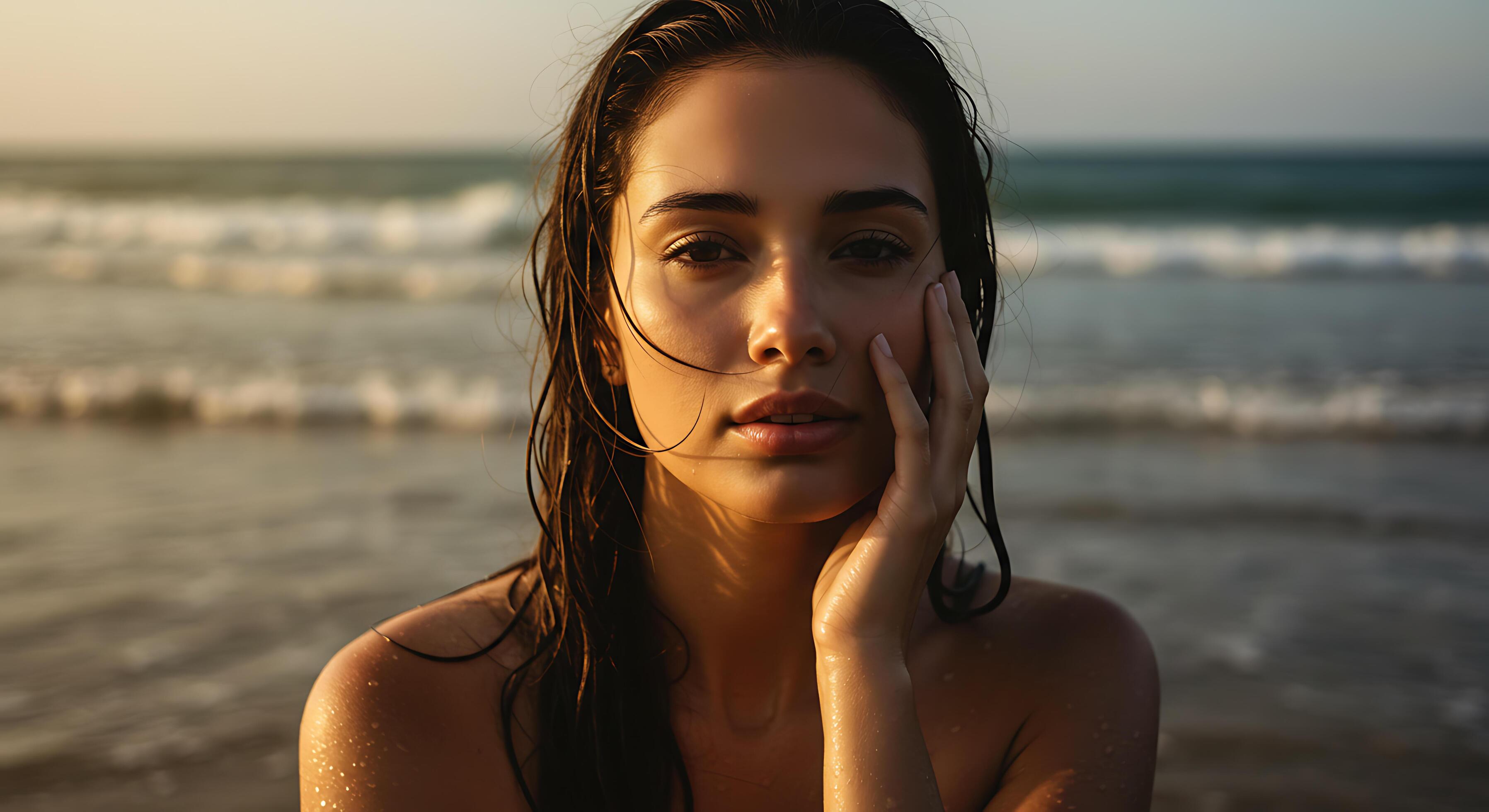 Sun-kissed woman with wet hair at the beach - Generated using AI 59016682 Stock Photo at Vecteezy