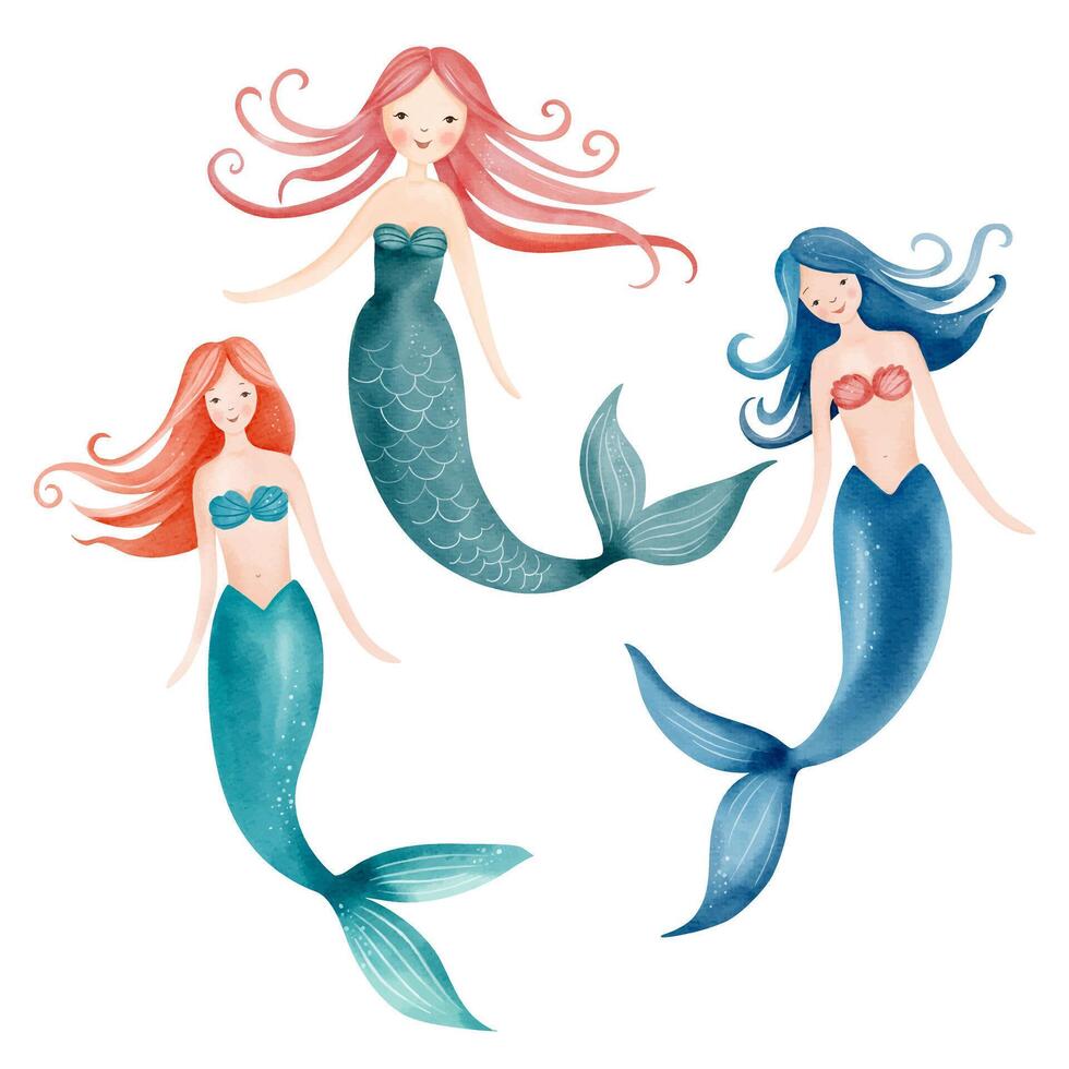 Cute watercolor mermaids. Set of hand drawn mermaids. Fairytale water ...