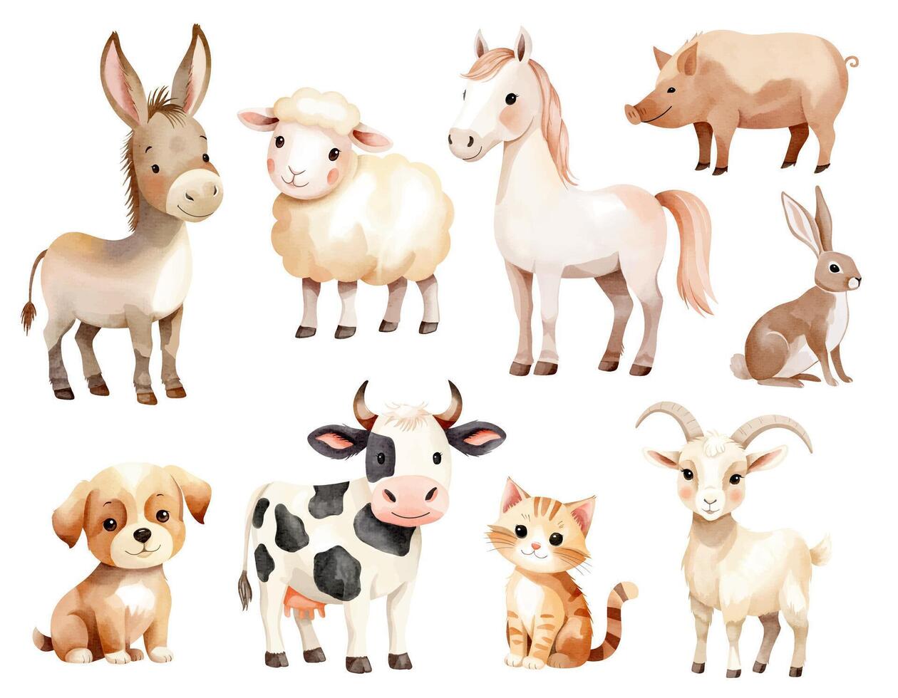 Watercolor farm animals. Cute hand drawn animals. Dog, pig, horse, cat ...