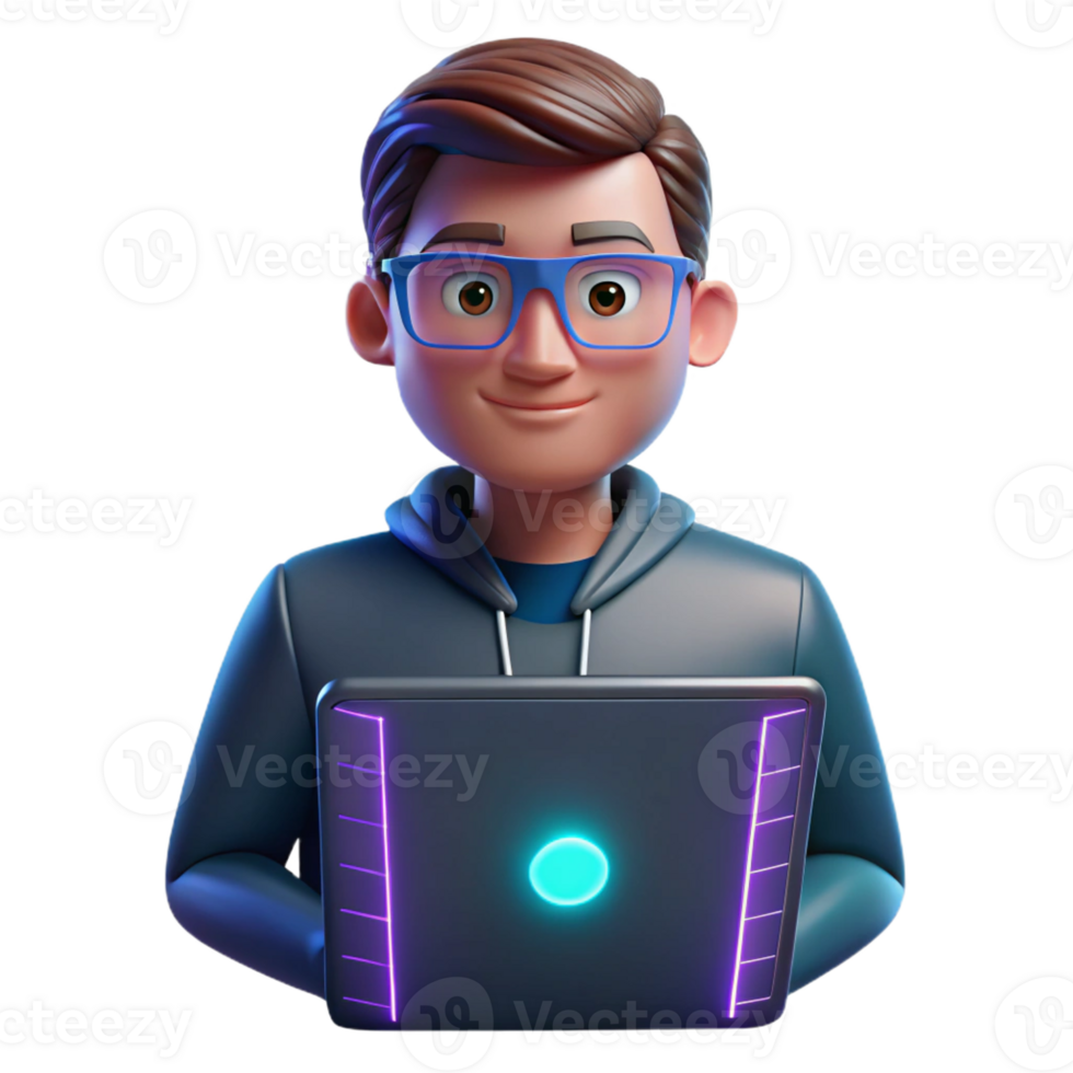 Vibrant Classic Portrait Of A Programmer With A Laptop Coding With Glowing Screen Light And A