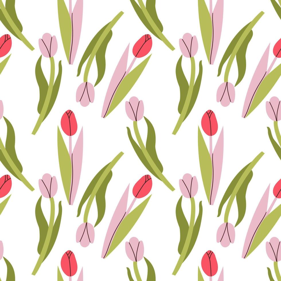 Spring Flower seamless pattern with tulips isolated on white background. Floral illustration for ...
