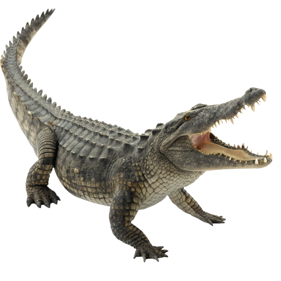 A large crocodile with its mouth open, showcasing its sharp teeth and ...