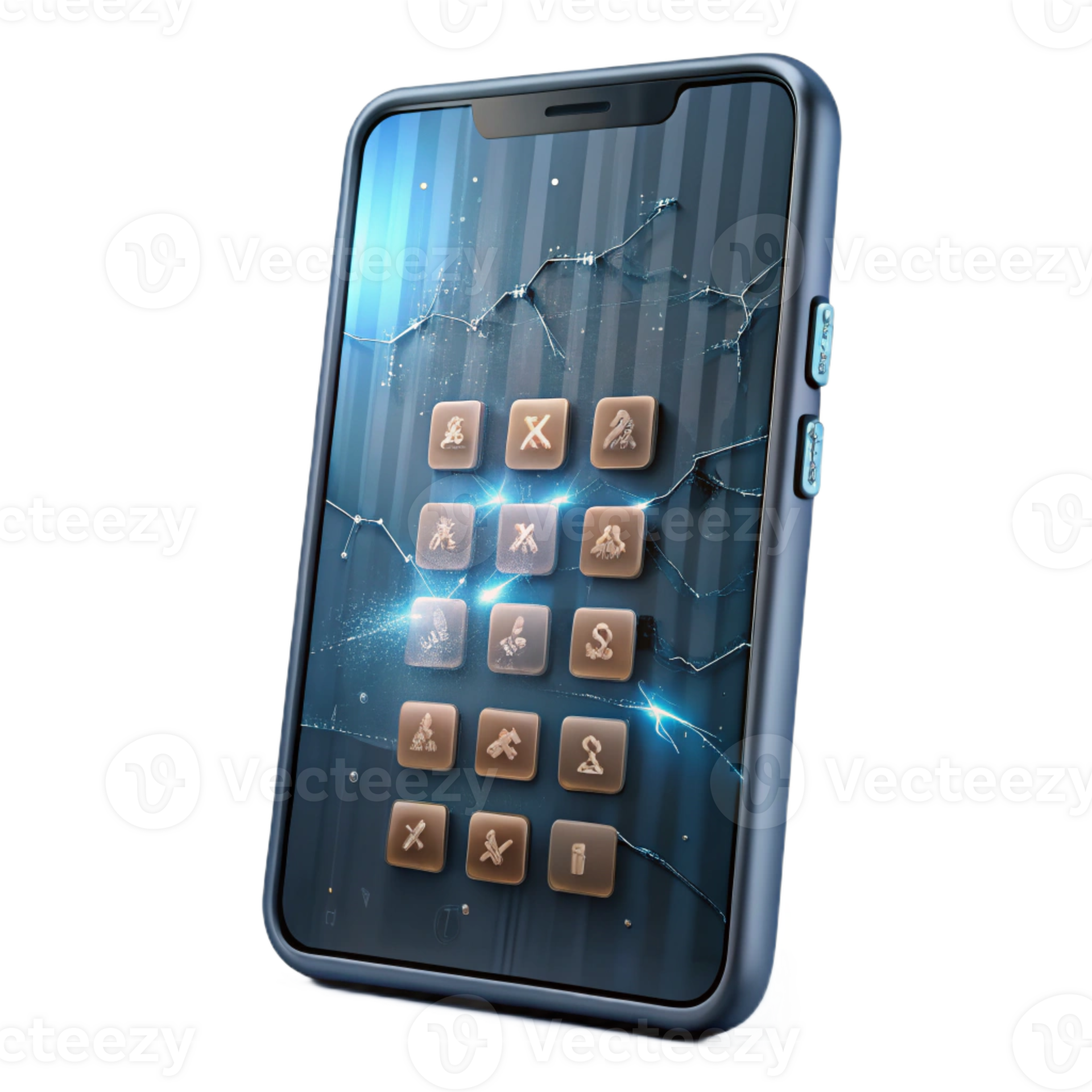 magnificent minimalist A cracked smartphone screen displaying a binary code rainfall ...