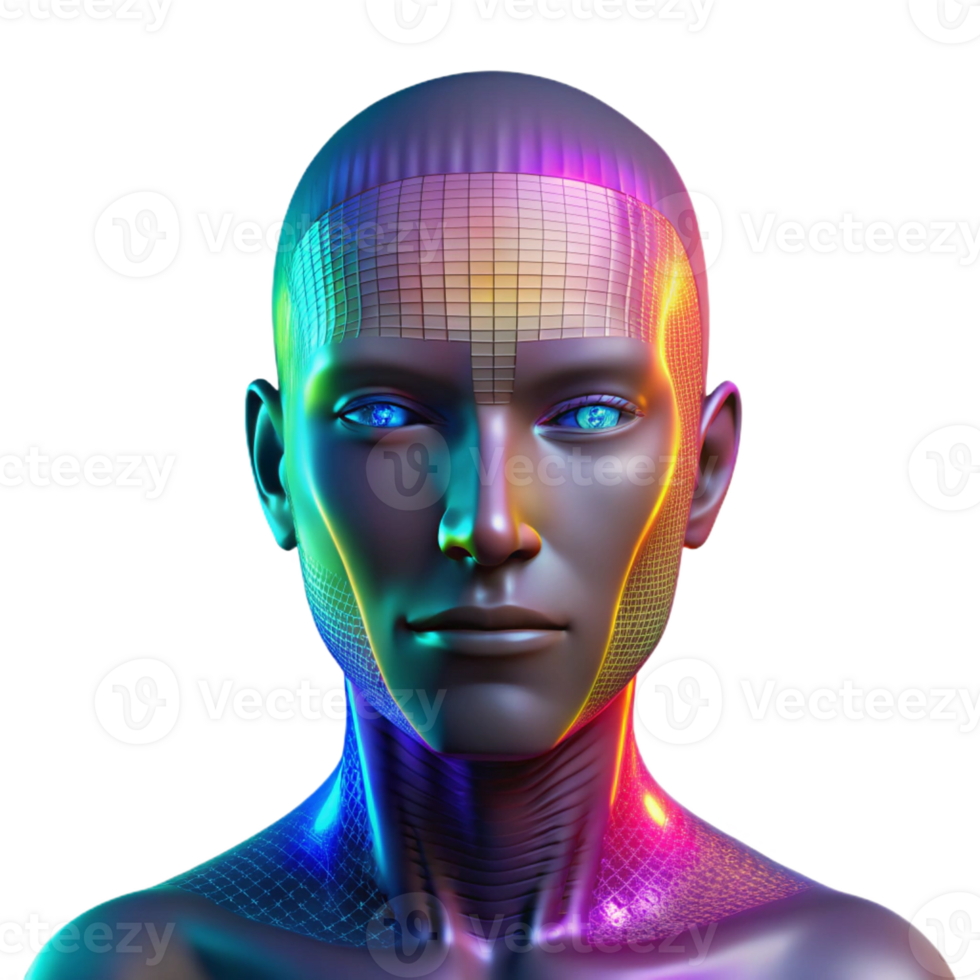 serene classic A digital human face composed of binary code, illuminated by a shifting, rainbow ...