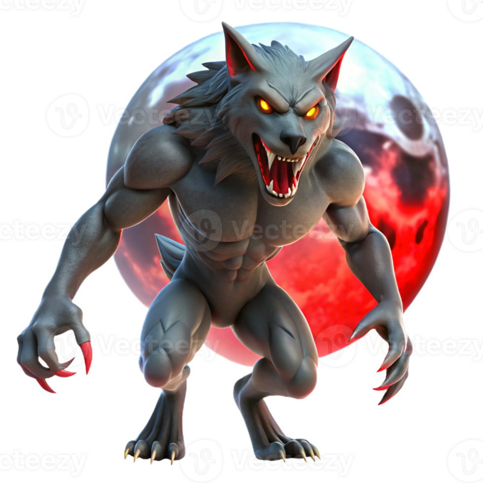 elegant artistic A fierce werewolf with glowing red eyes and sharp claws, transforming under the ...