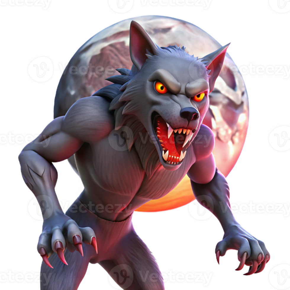 stunning traditional A fierce werewolf with glowing red eyes and sharp claws, transforming under ...