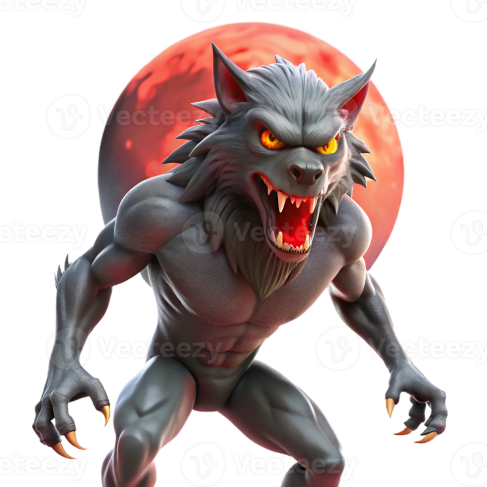 dramatic rustic A fierce werewolf with glowing red eyes and sharp claws, transforming under the ...