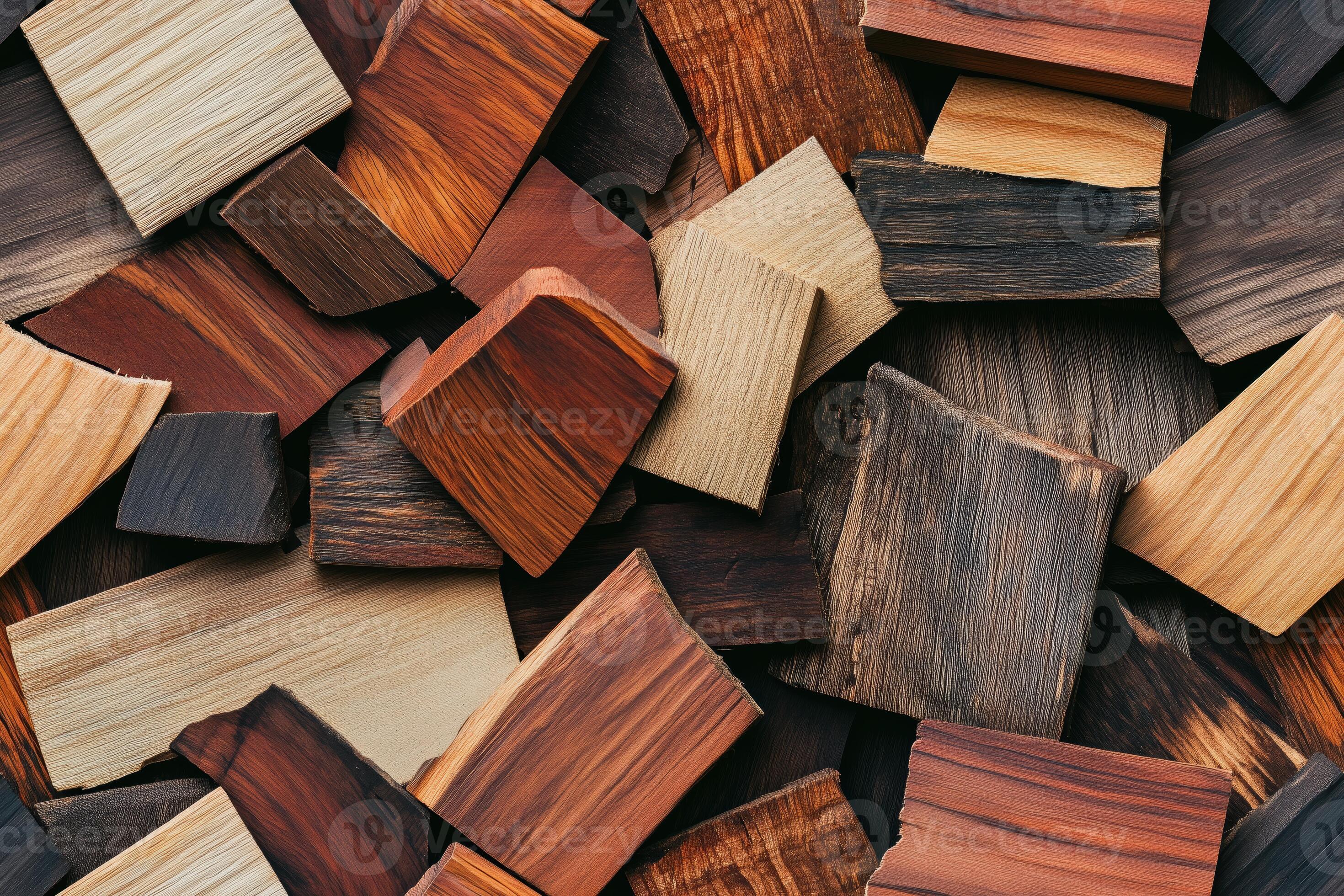 Various wooden blocks in different shades and textures, arranged randomly. The blocks display a ...