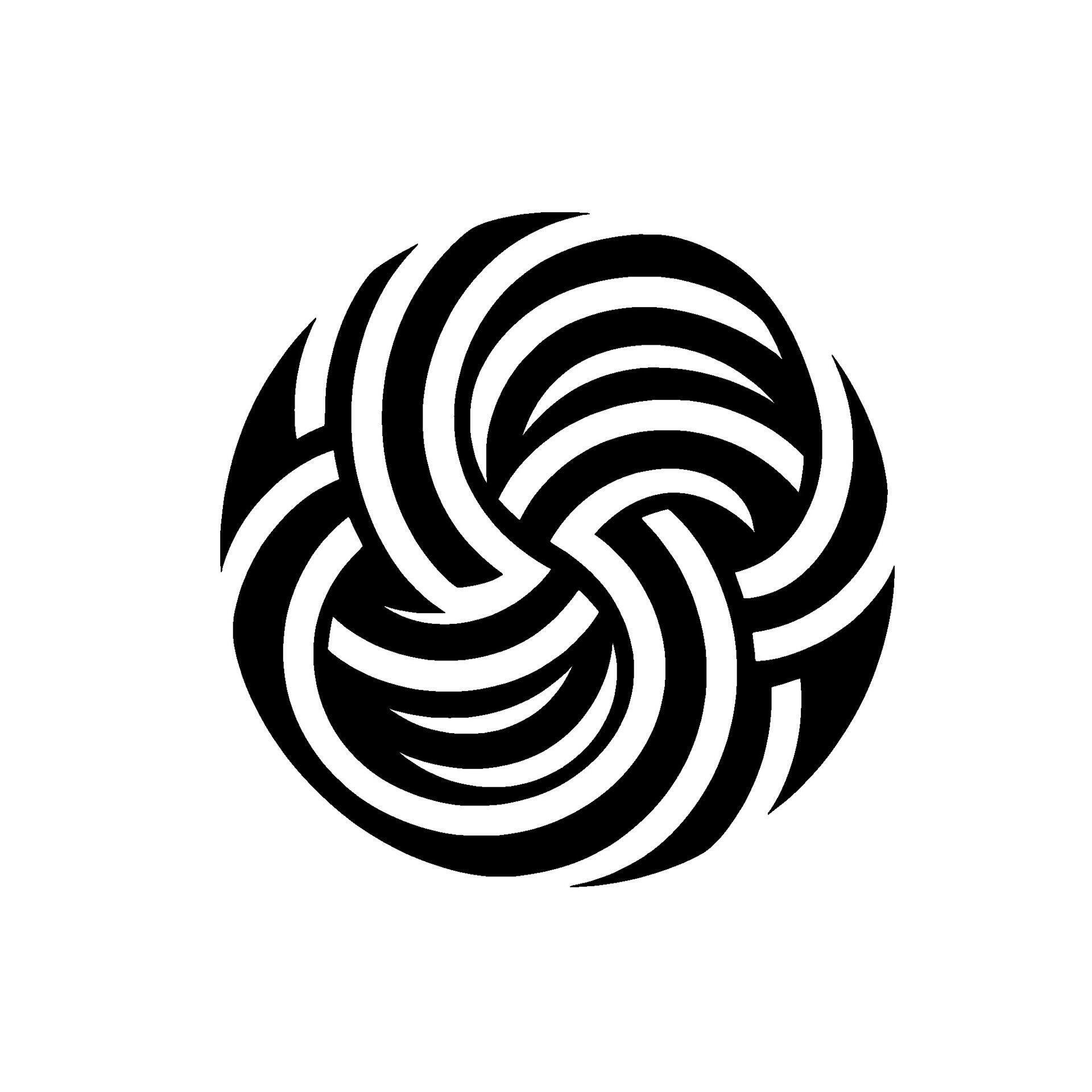 Intricate black and white geometric sphere composed of interwoven curved bands, creating a ...