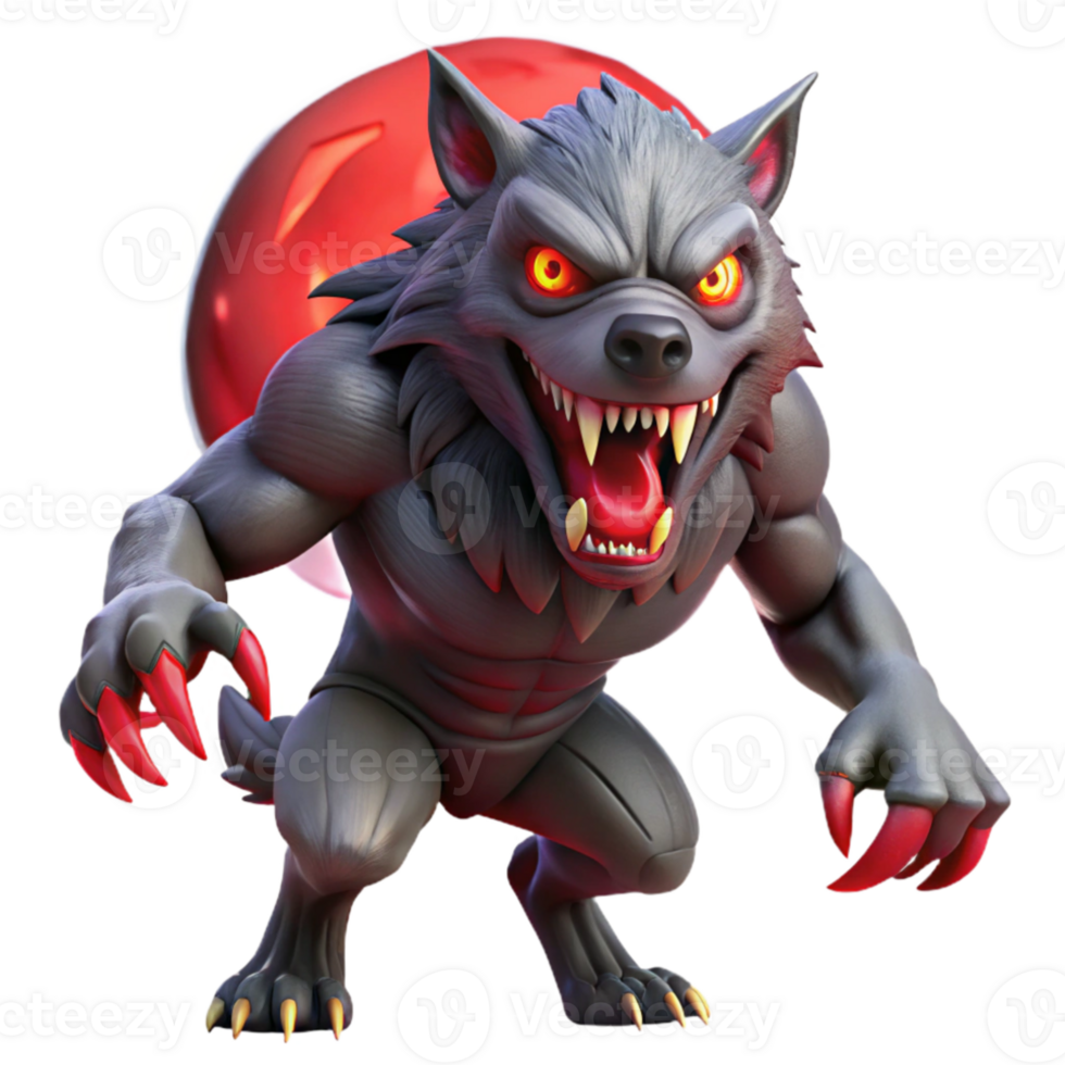 impressive vintage A fierce werewolf with glowing red eyes and razor-sharp claws, howling at the ...