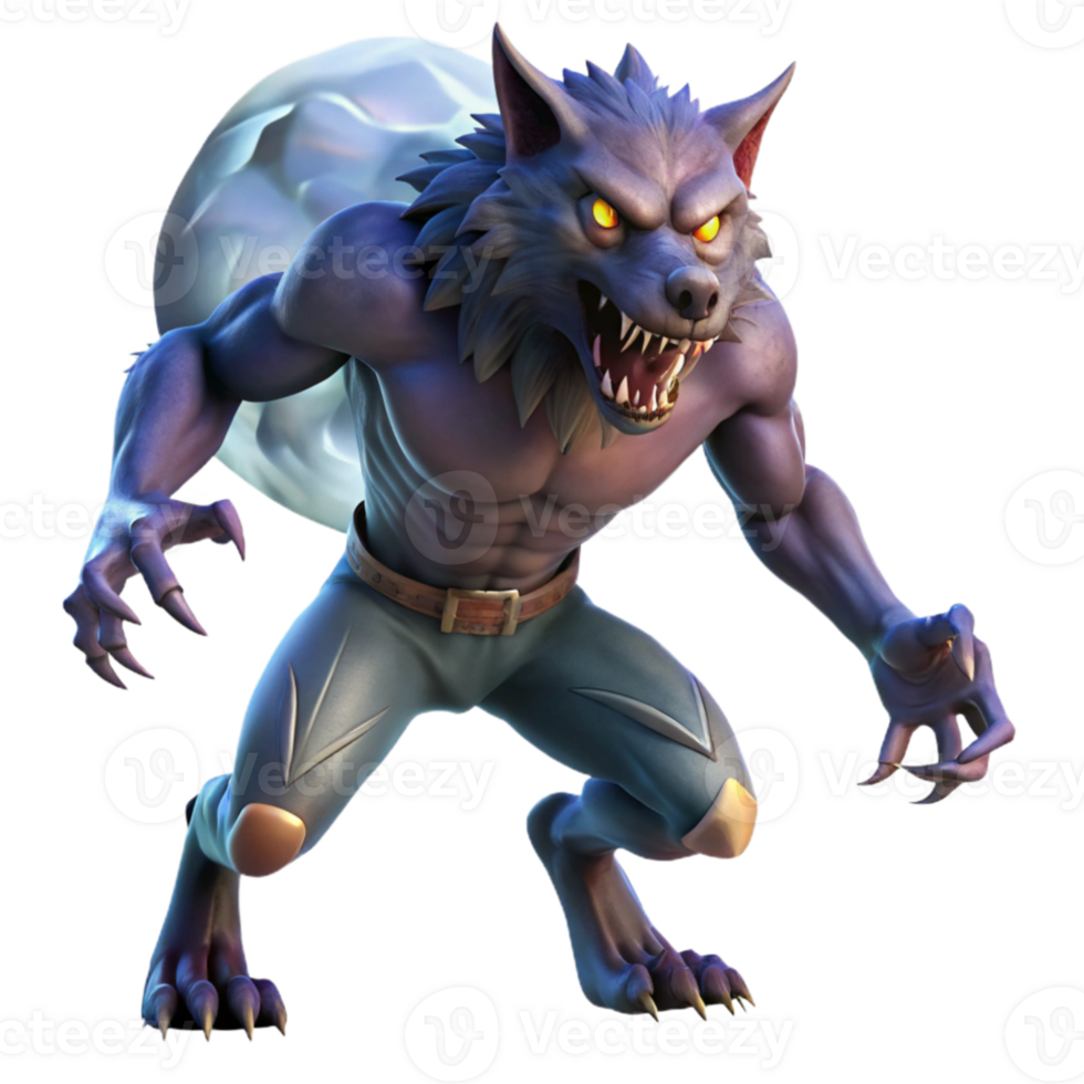 serene abstract A fearsome werewolf with glowing eyes and sharp claws, transforming under the ...