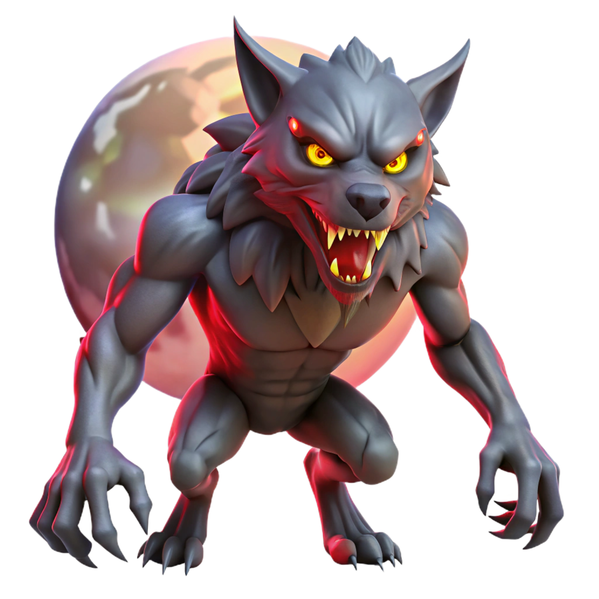 extraordinary creative A fierce werewolf with glowing red eyes and sharp claws, transforms under ...
