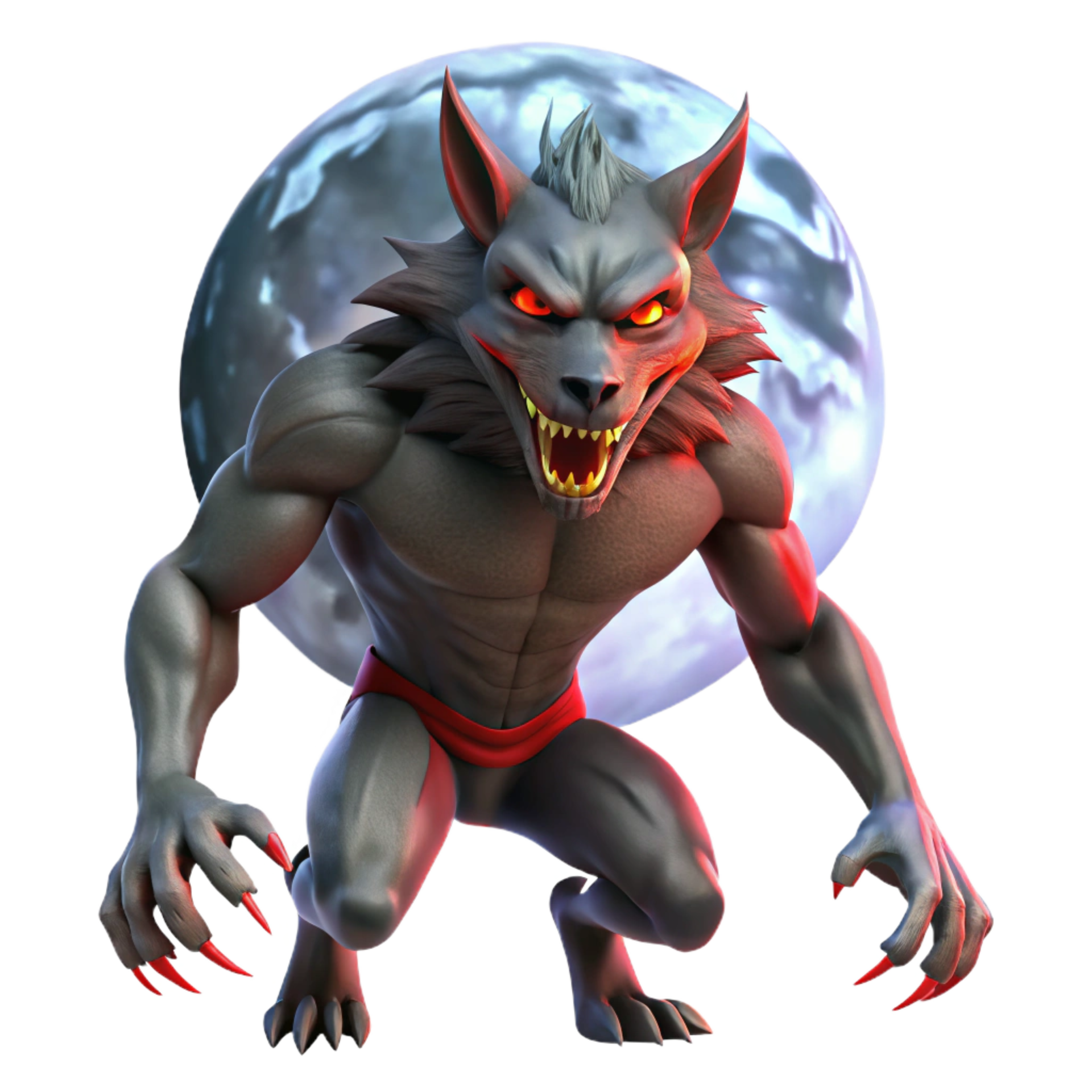 stunning minimalist A fearsome werewolf with sharp claws and glowing red eyes, transforming ...