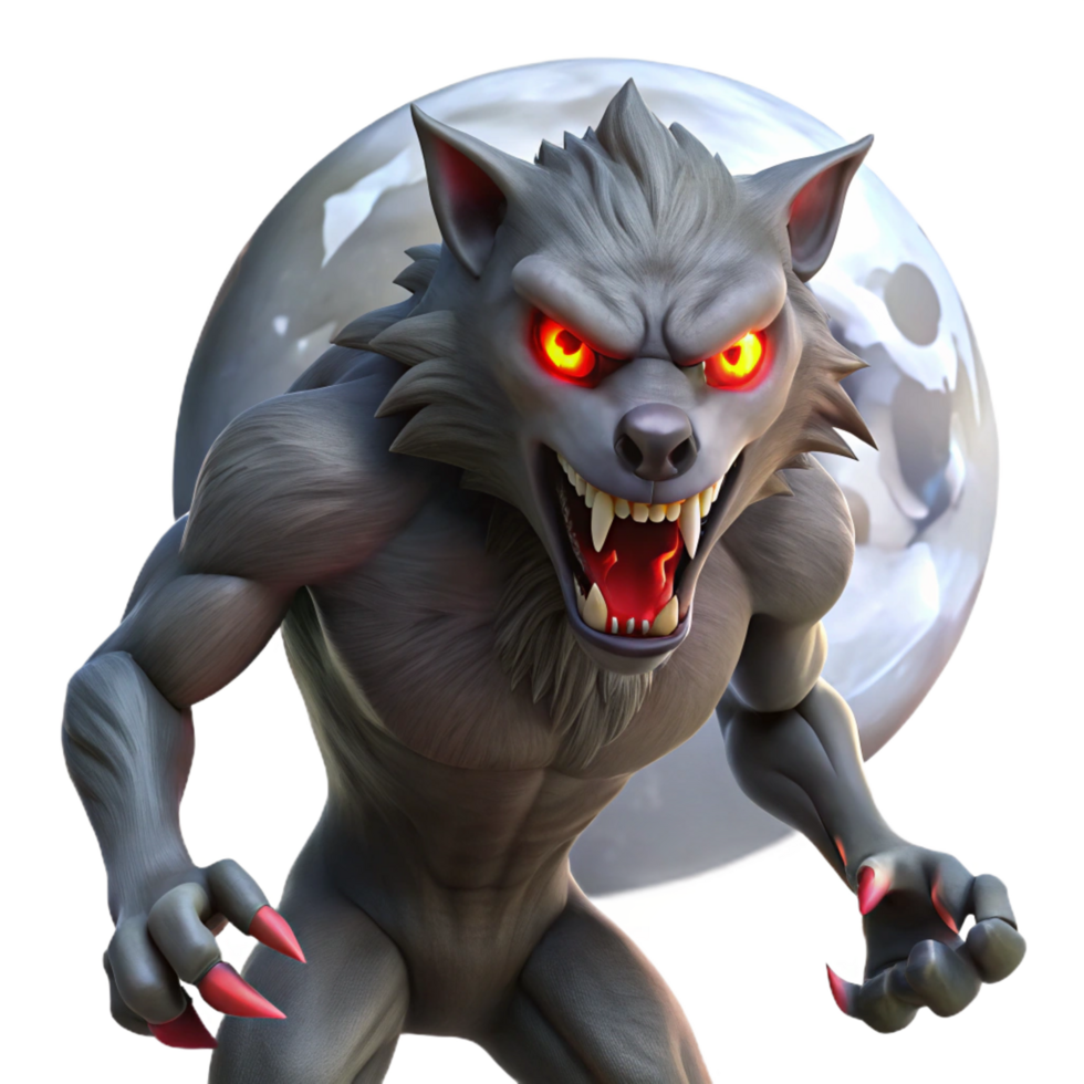 dramatic contemporary A fierce werewolf with glowing red eyes and sharp claws, transforms under ...