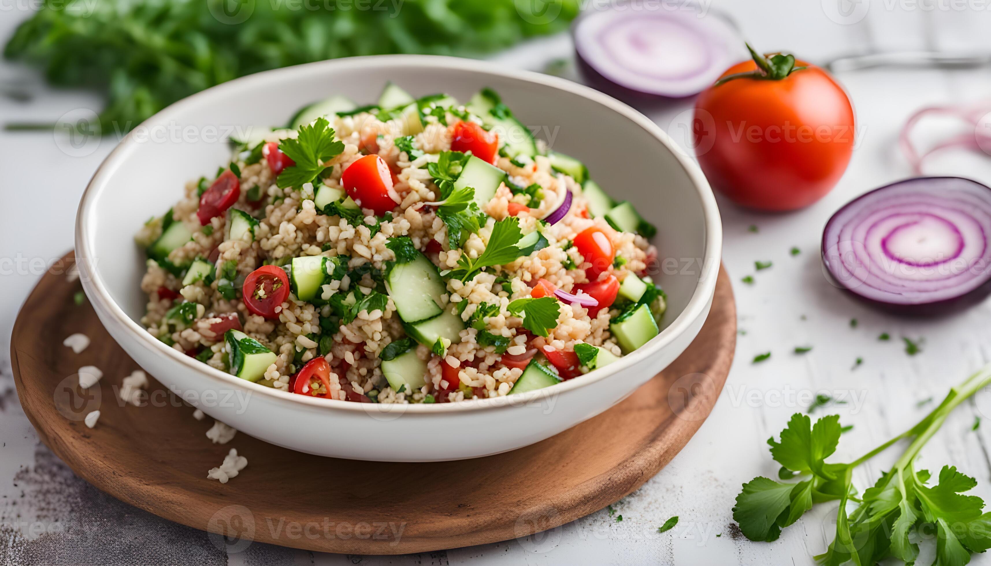 Tabbouleh salad with tomato, cucumber, red onion, bulgur and parsley ...