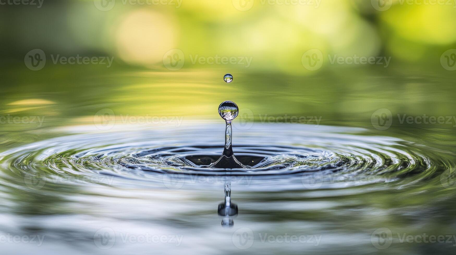 Droplet splash creating perfect ripple in calm water surface with green bokeh background ...