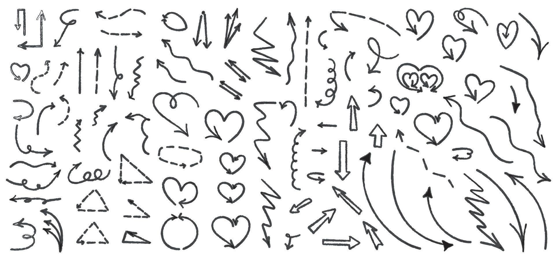 Set of hand drawn doodles. Curly lines, arrows, squiggles, shapes drawn with charcoal pencil ...