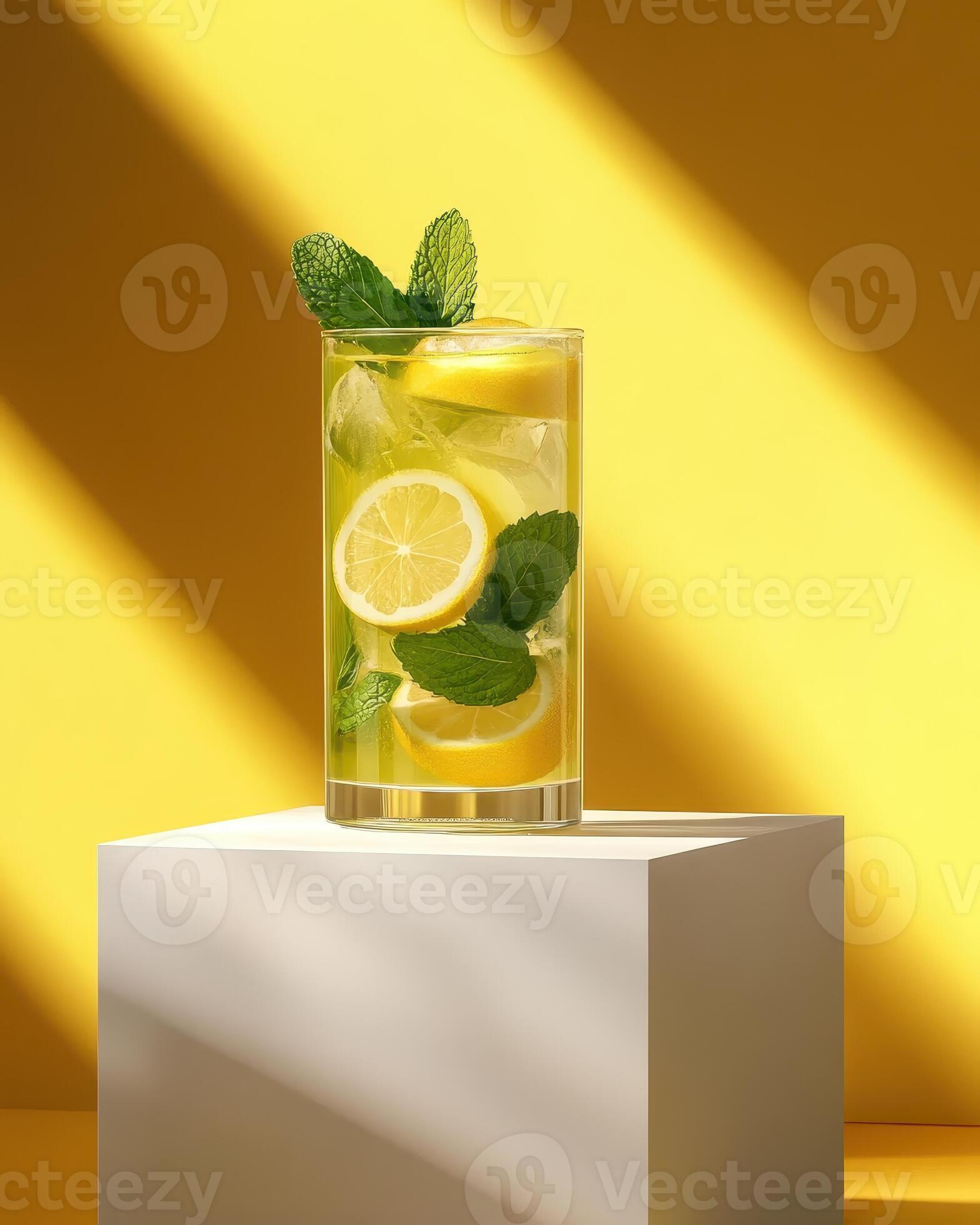 A refreshing lemon mint drink in a clear glass, set against a vibrant yellow background ...