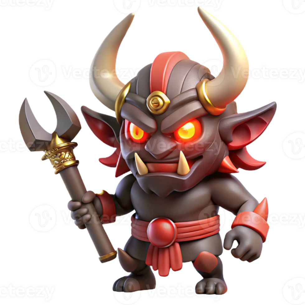 impressive minimalist A fearsome oni with sharp horns and glowing red eyes, wielding a giant ...