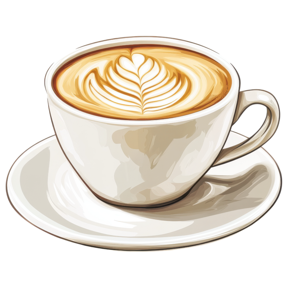 creamy cappuccino with intricate latte art in white cup, clip art on a transparency background ...