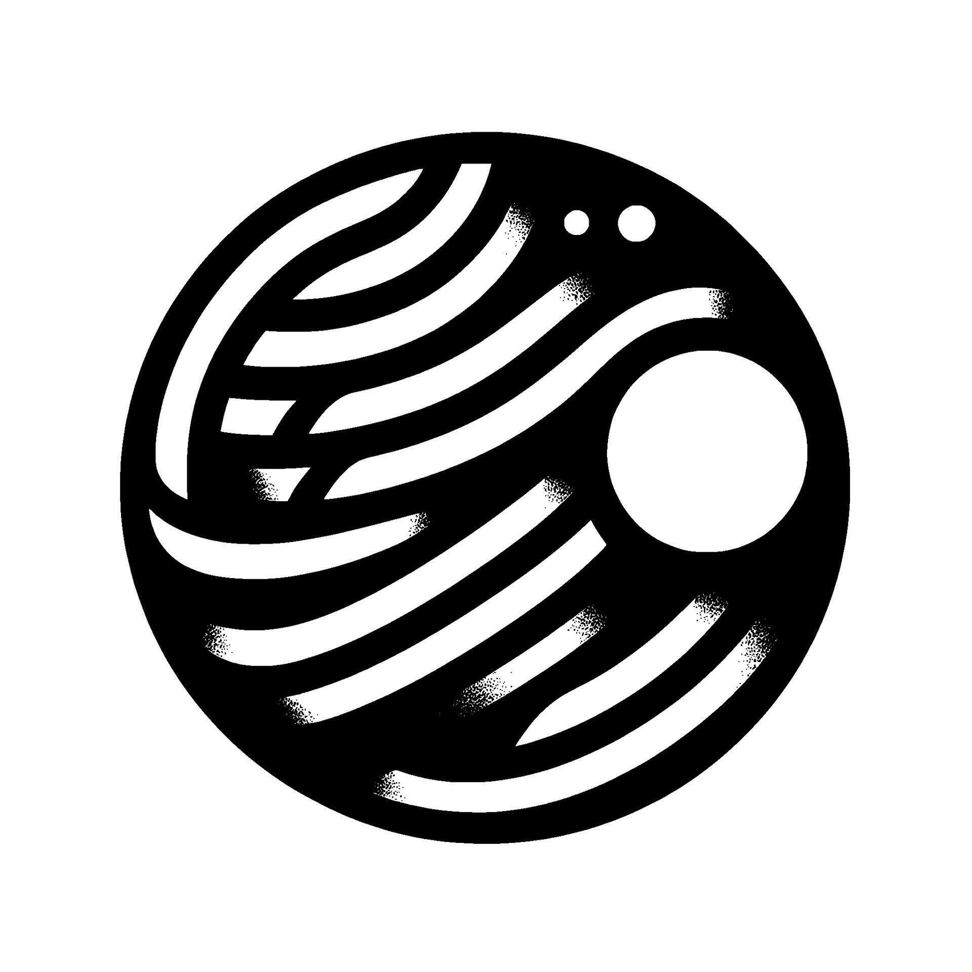 Abstract Black and White Orb Composition with Curved Lines, Dots, and a ...