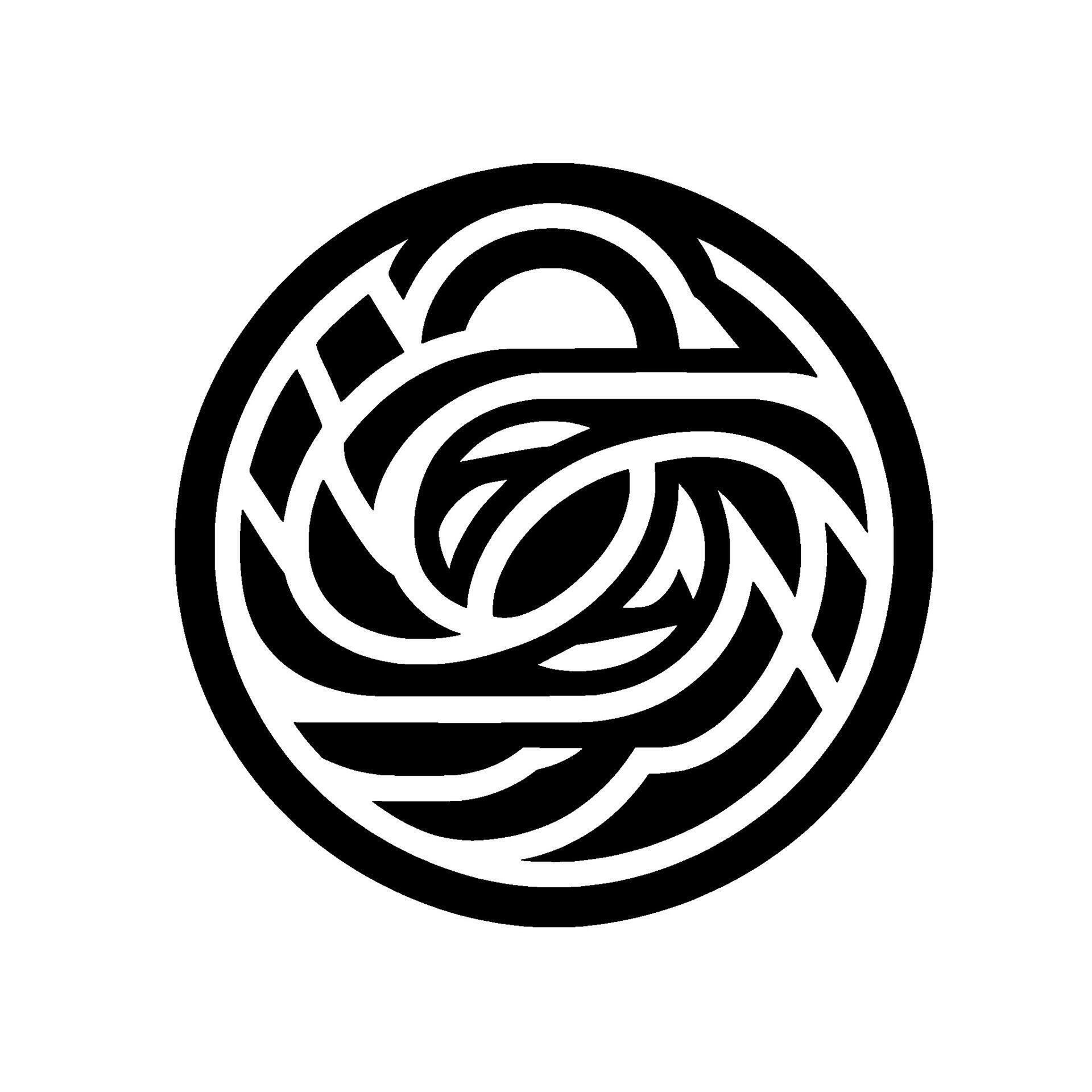 Intricate black and white abstract within a circle, featuring intertwined curved lines, creating ...