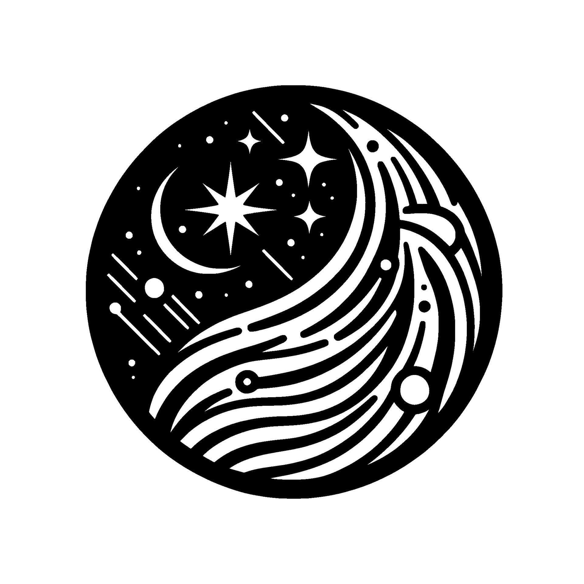 A Stylized Celestial Scene A Monochrome Circular Illustration With Stars Moon Flowing Lines