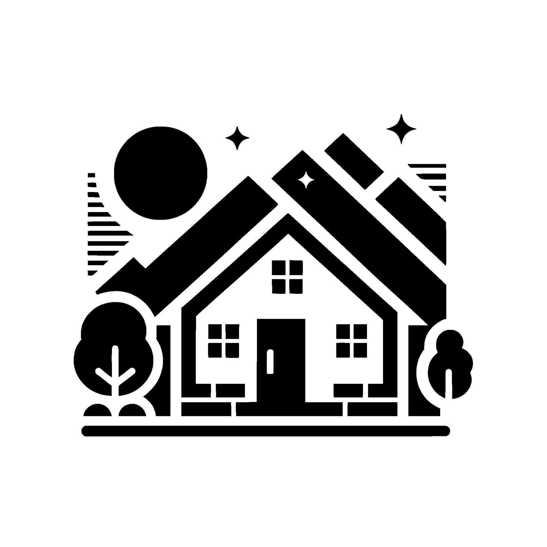 Black and White Stylized Illustration of a House at DawnDusk, Depicting a Minimalist Home with ...