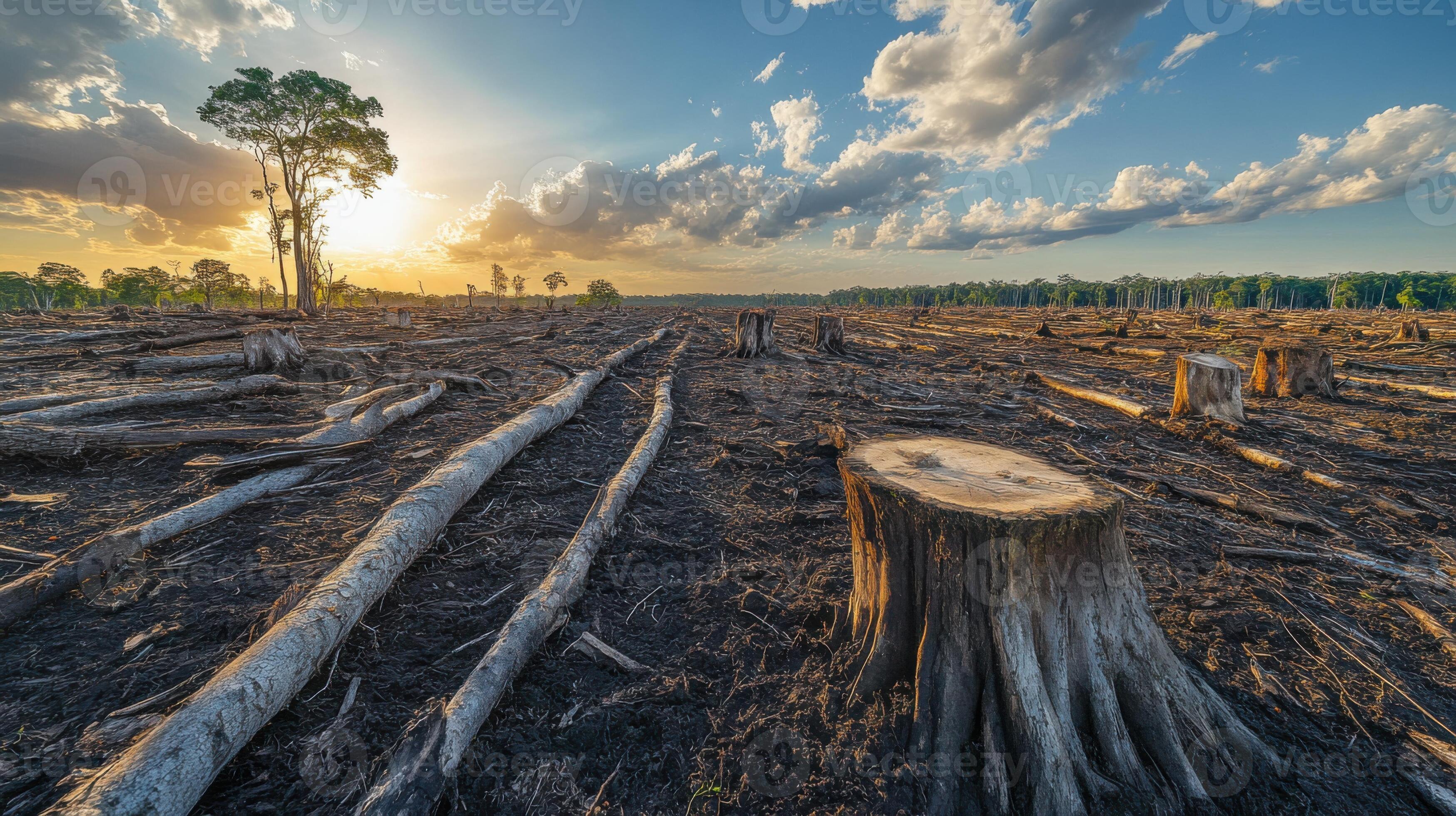 Forest destruction. Tree stumps dot the barren field under a vibrant sky. Landscape after ...