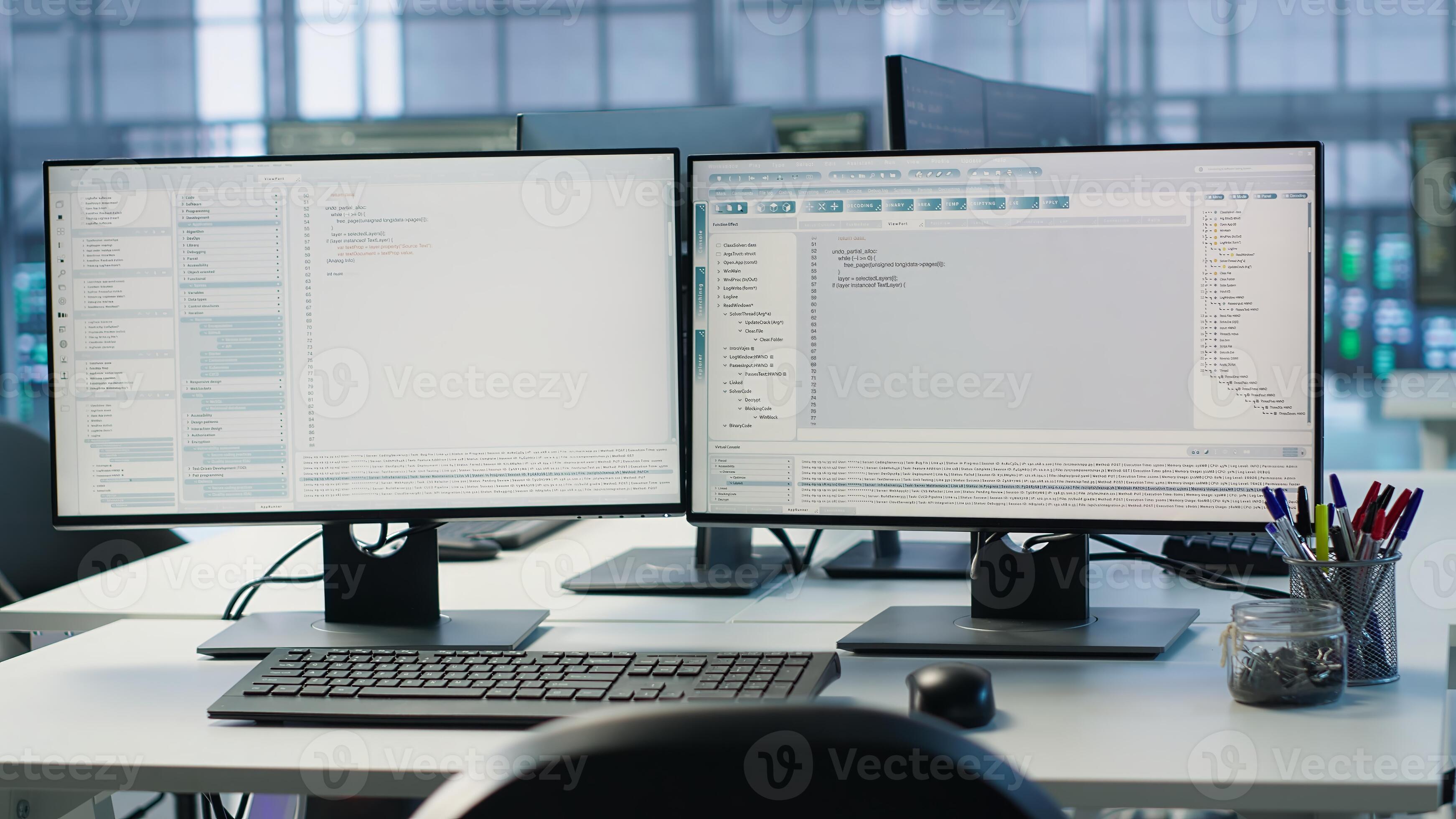 Lines Of Code Running On Computer Screens In Data Center Used For Troubleshooting Rackmounts In
