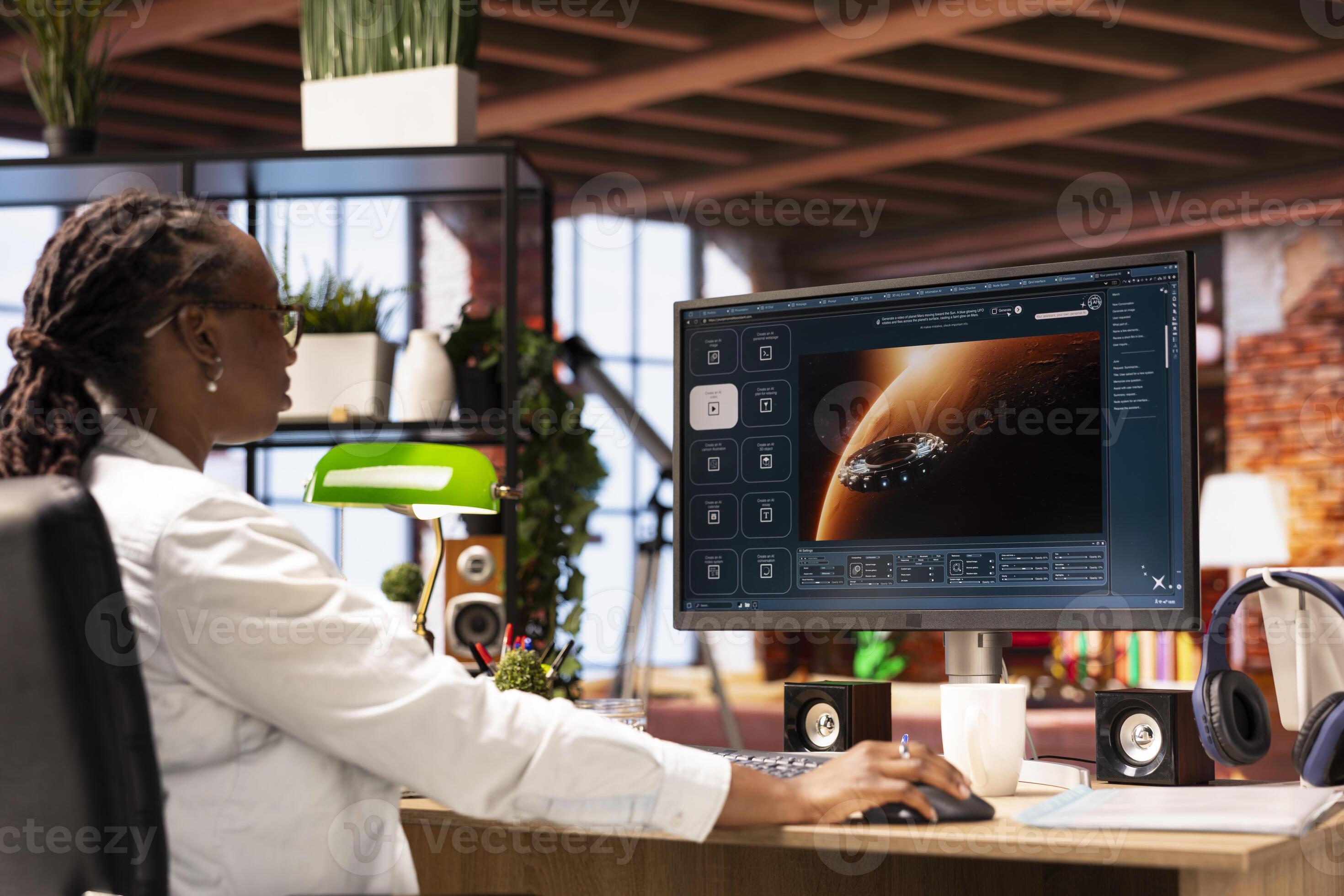 Woman at home getting tasks done with AI program turning text prompt into videos. Person using ...