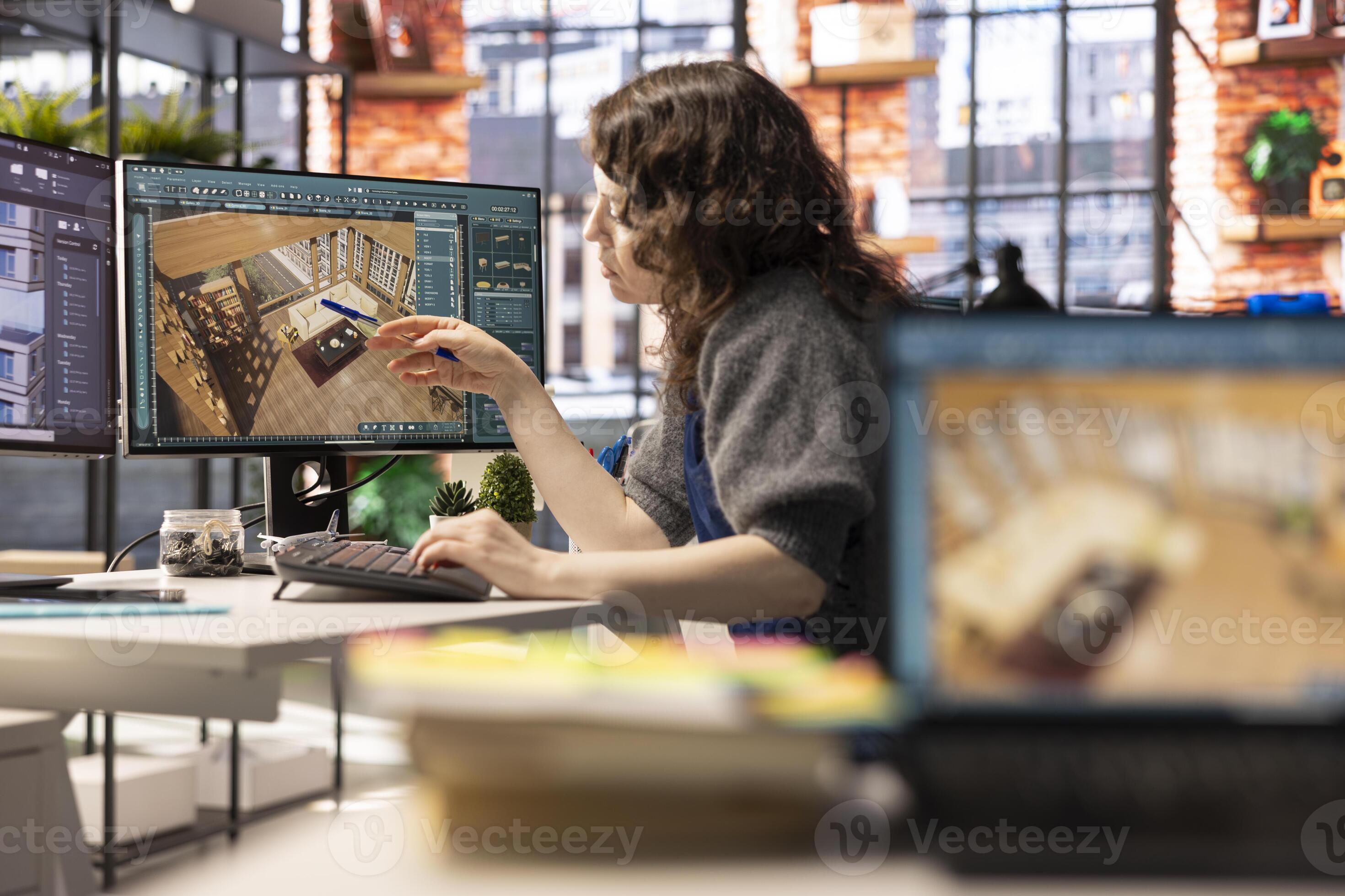 Woman developer works on an interior design project using CAD software to create a detailed ...