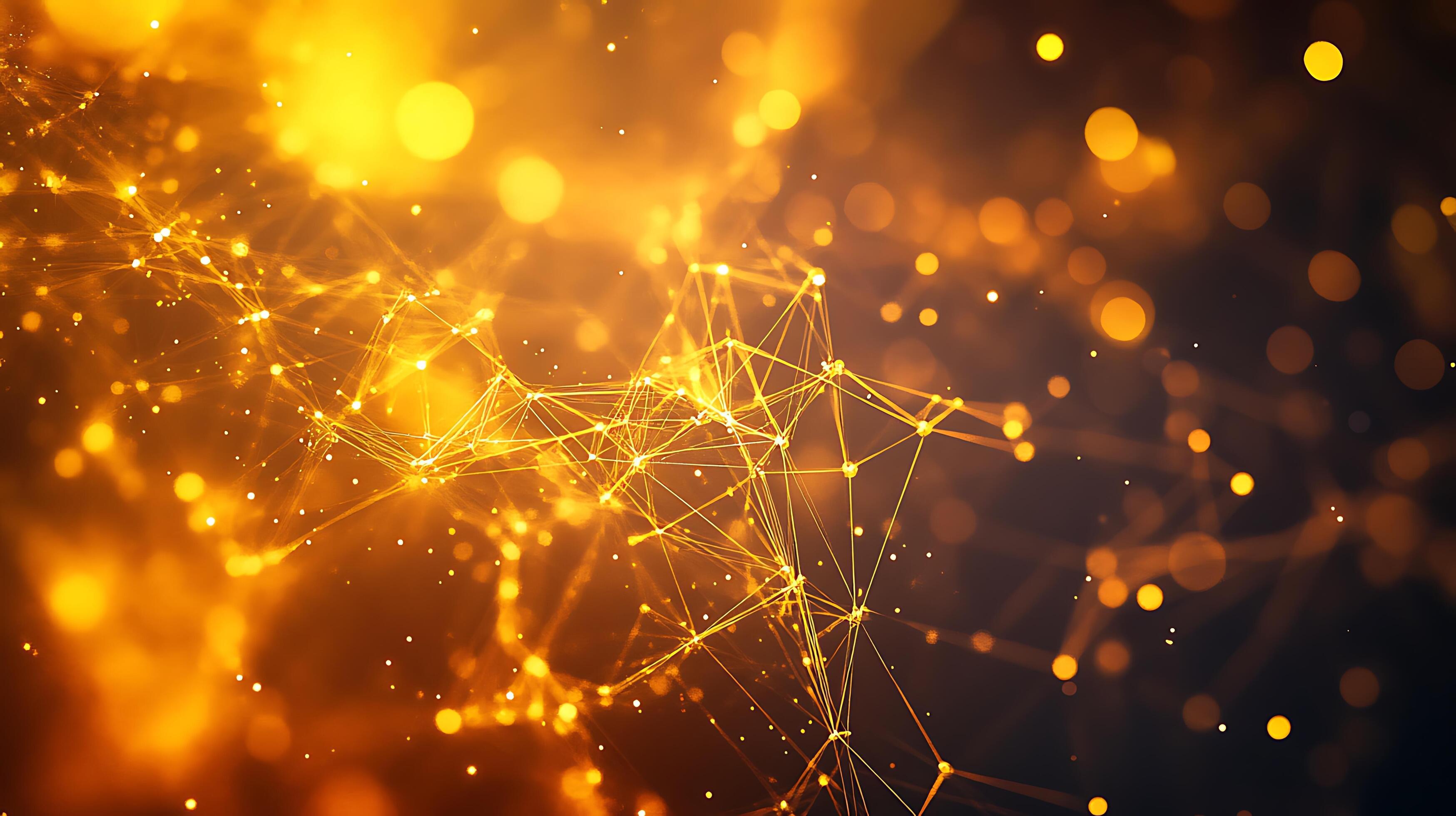 Abstract golden network design with interconnected lines and nodes evoking technology science ...