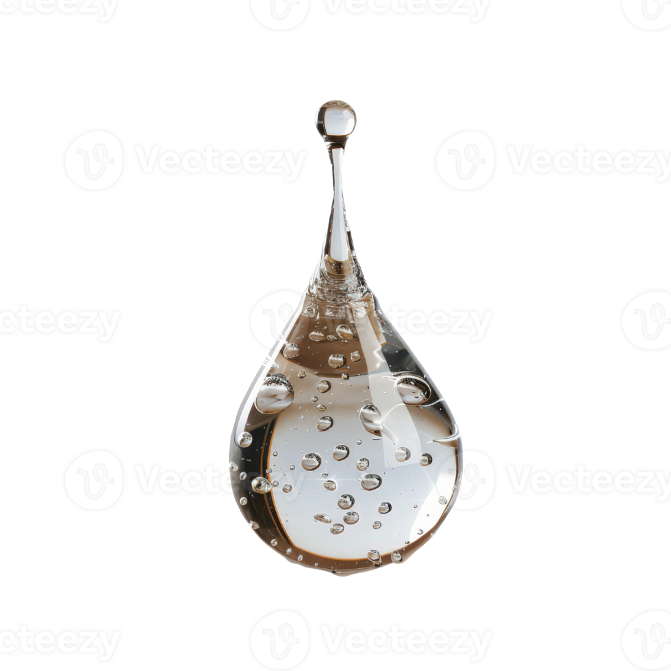 Transparent water droplet with bubbles suspended in clear liquid on a white background for ...