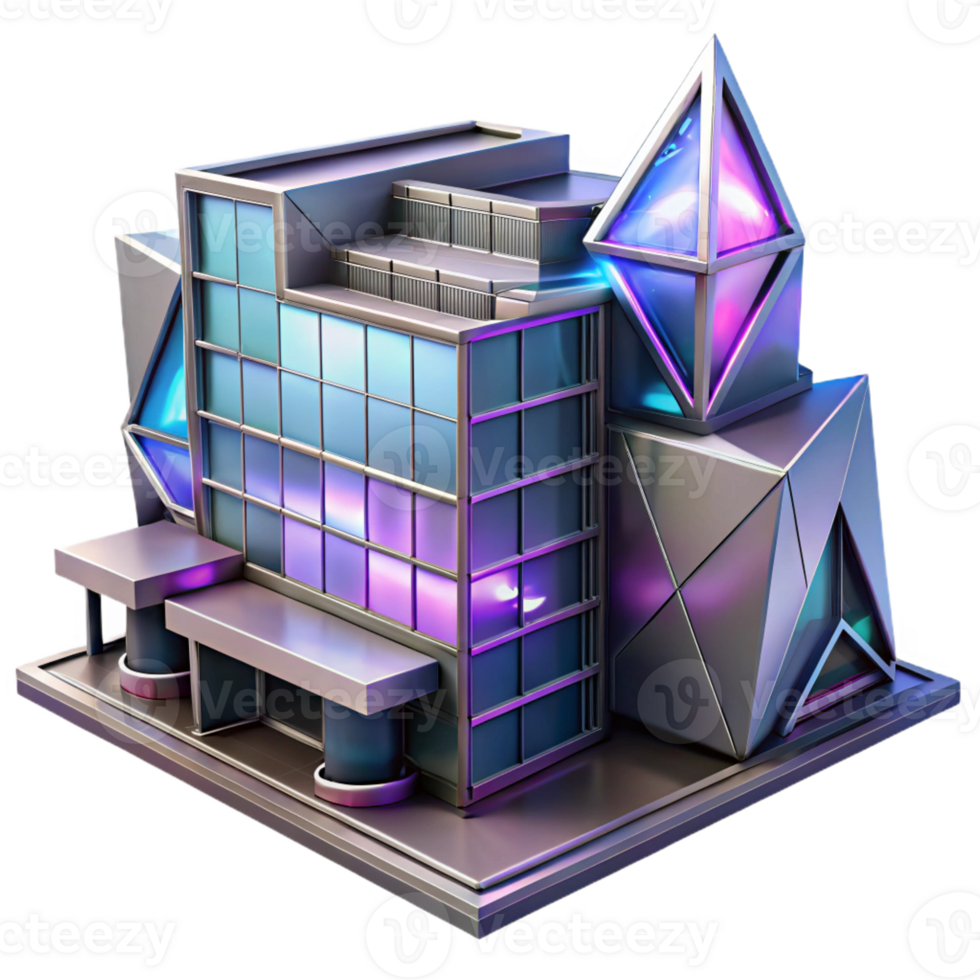 Vibrant Minimalist Deconstructivist Office Building Fragmented Forms Sharp Angles Metallic