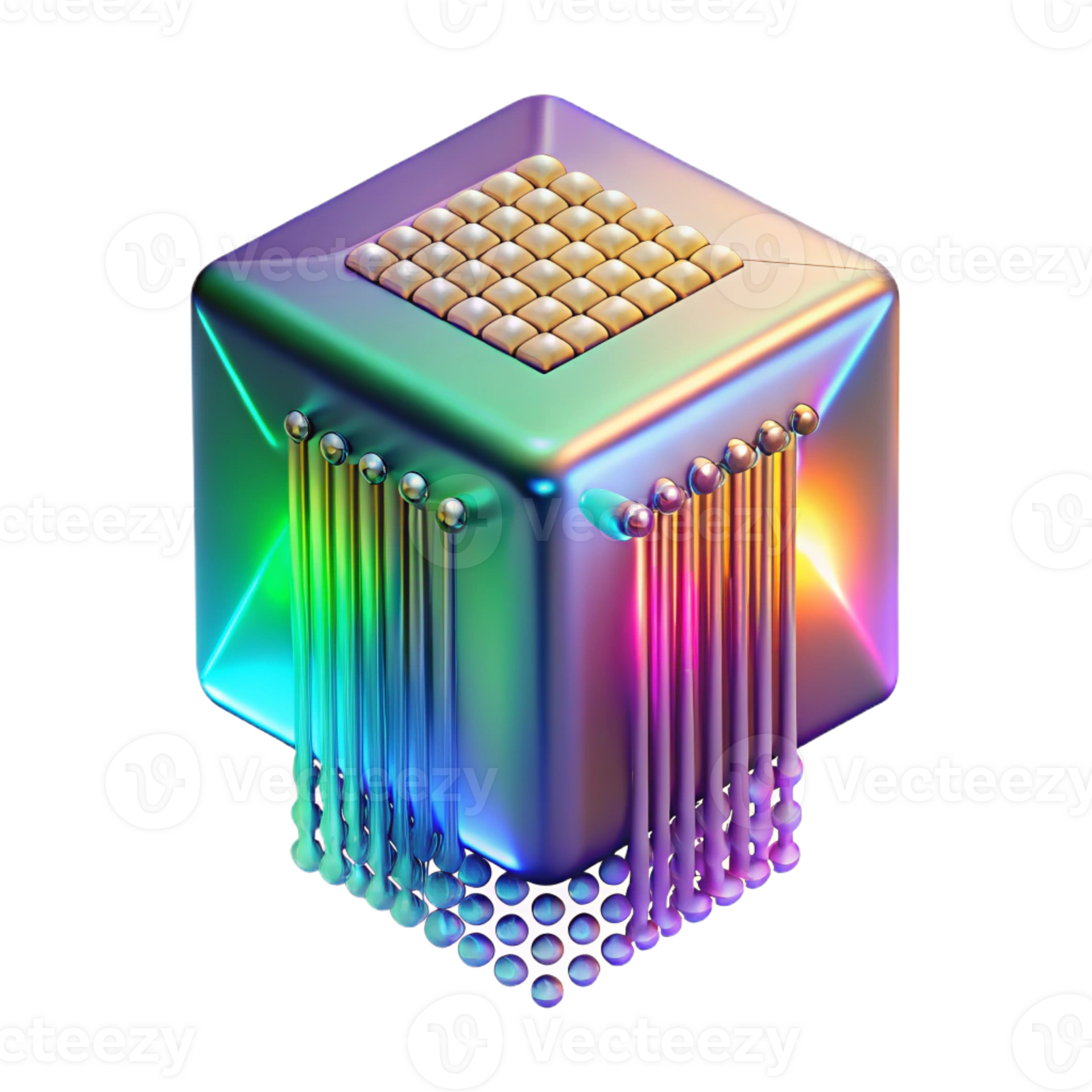 elegant contemporary A single, levitating, holographic data cube emitting streams of binary code ...