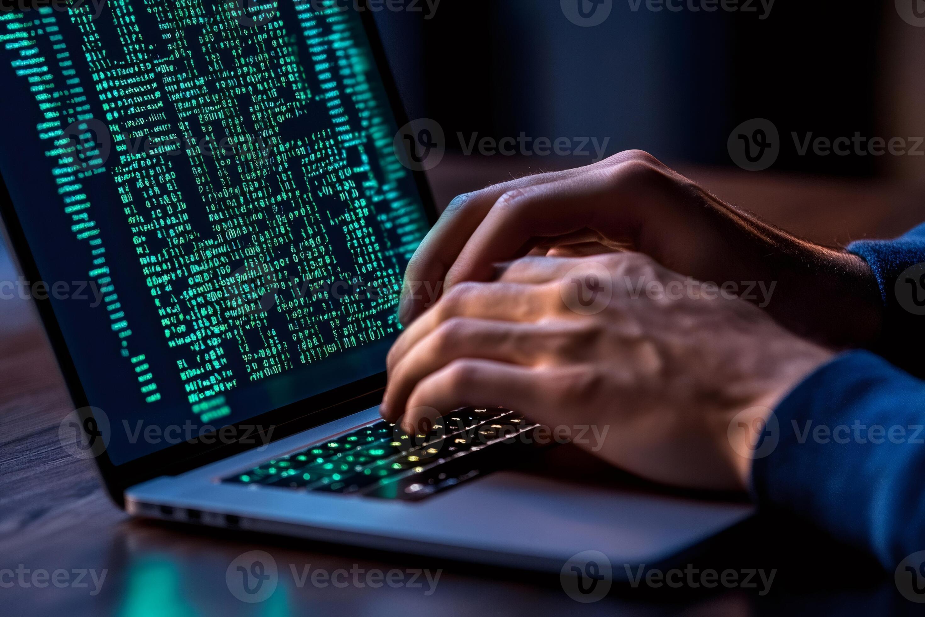 Programmer Writing Code On Laptop Keyboard In Dark Room 59241625 Stock
