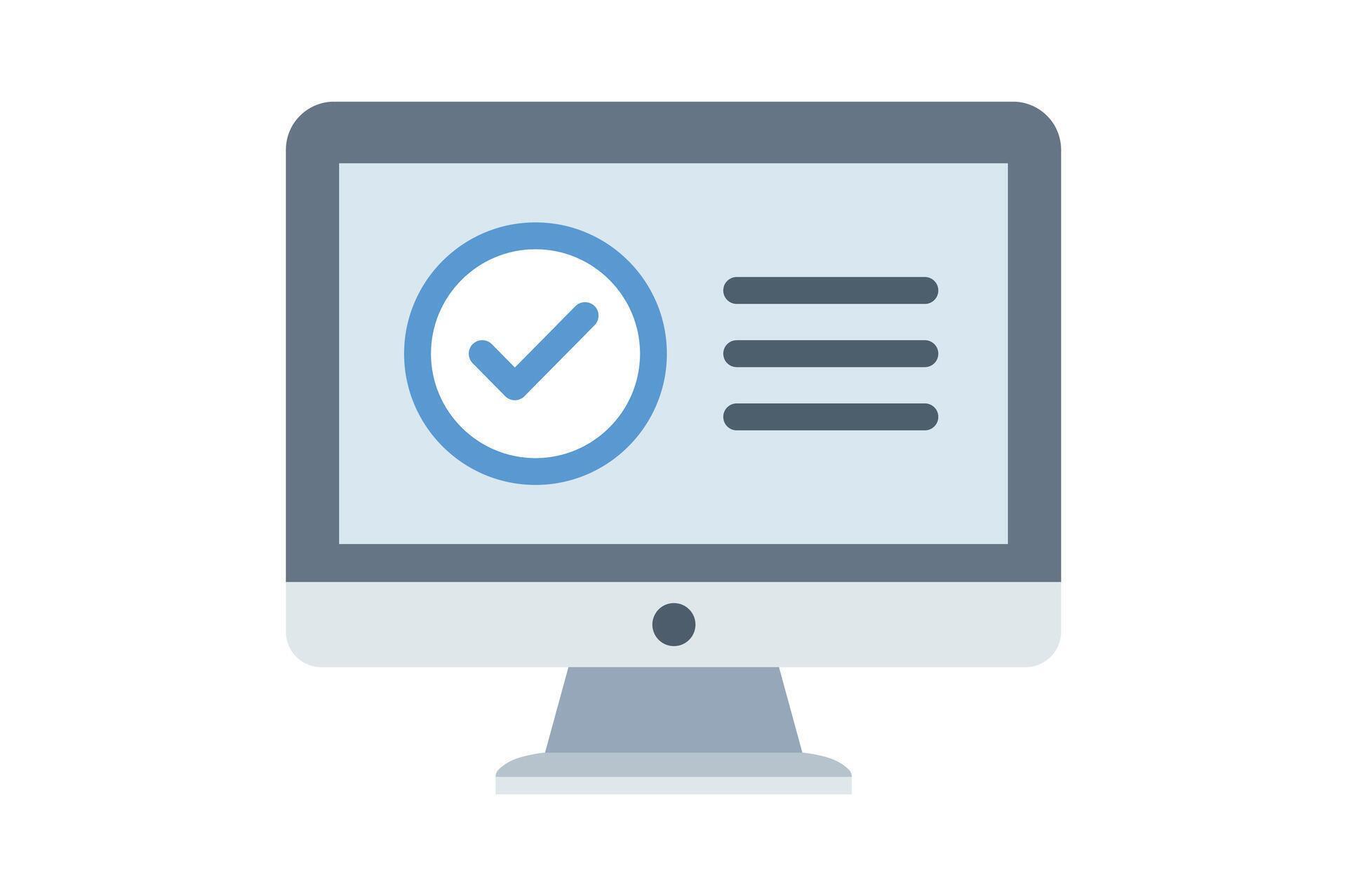 PC display with approved green tick icon, computer check mark icon, approval check mark ...