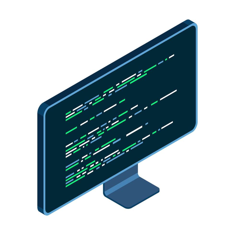 Isometric monitor. Computer monitor isometric desktop. Program code on a monitor screen. Modern ...